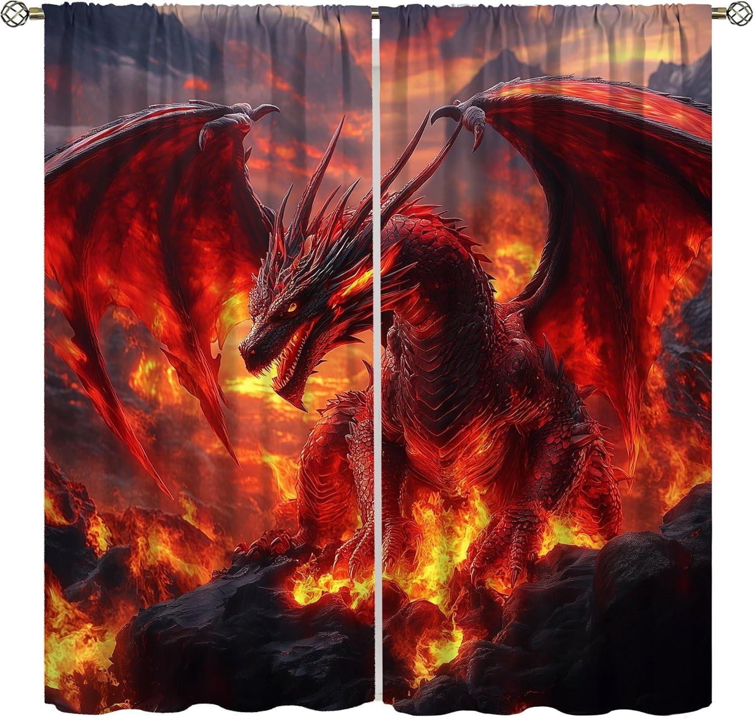 Western Dragon Blackout Curtains for Boys,Fantasy Myth Red Volcano Lava ...
