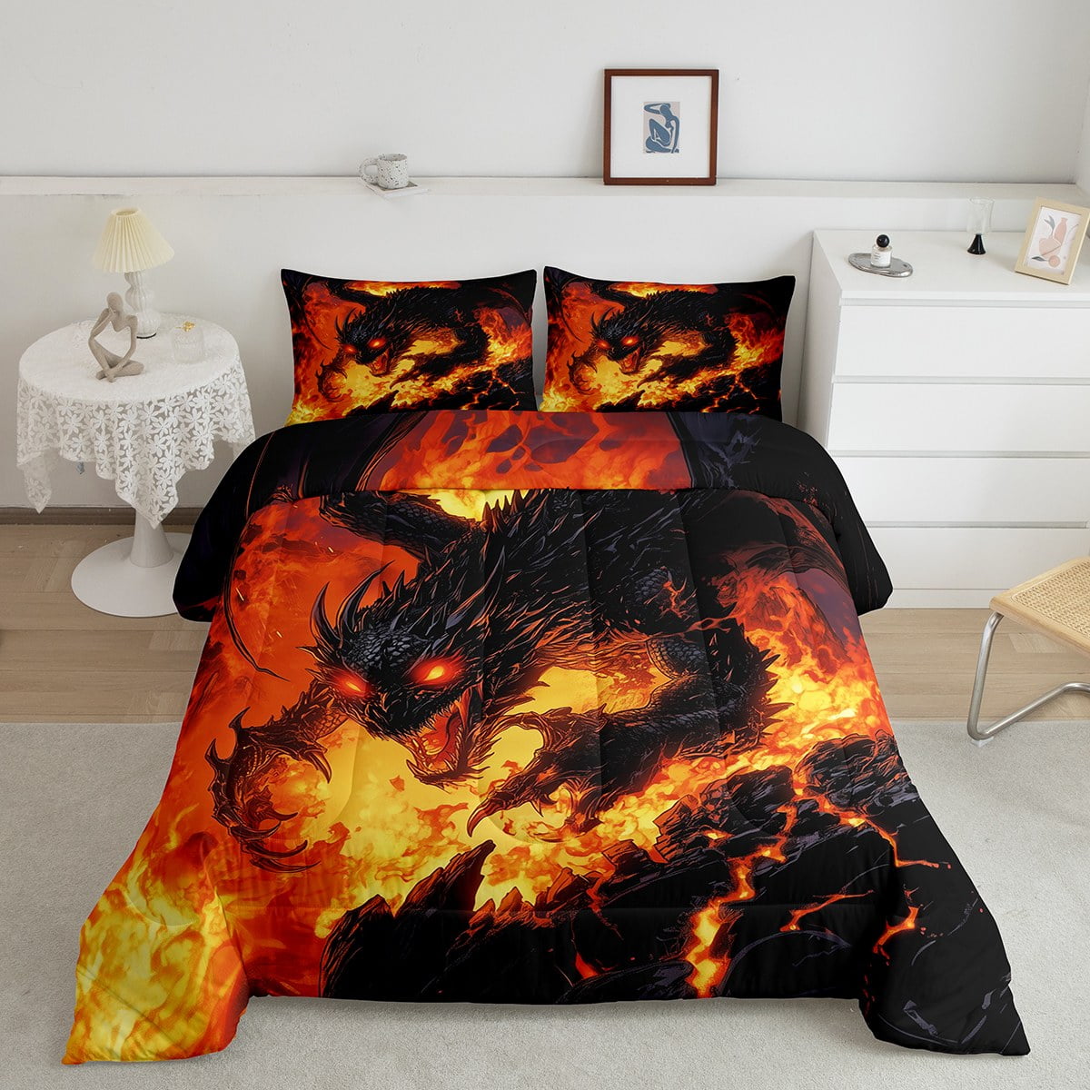 Western Dragon Comforter Set Full Size,Fire Flame Gothic Animals Trippy ...