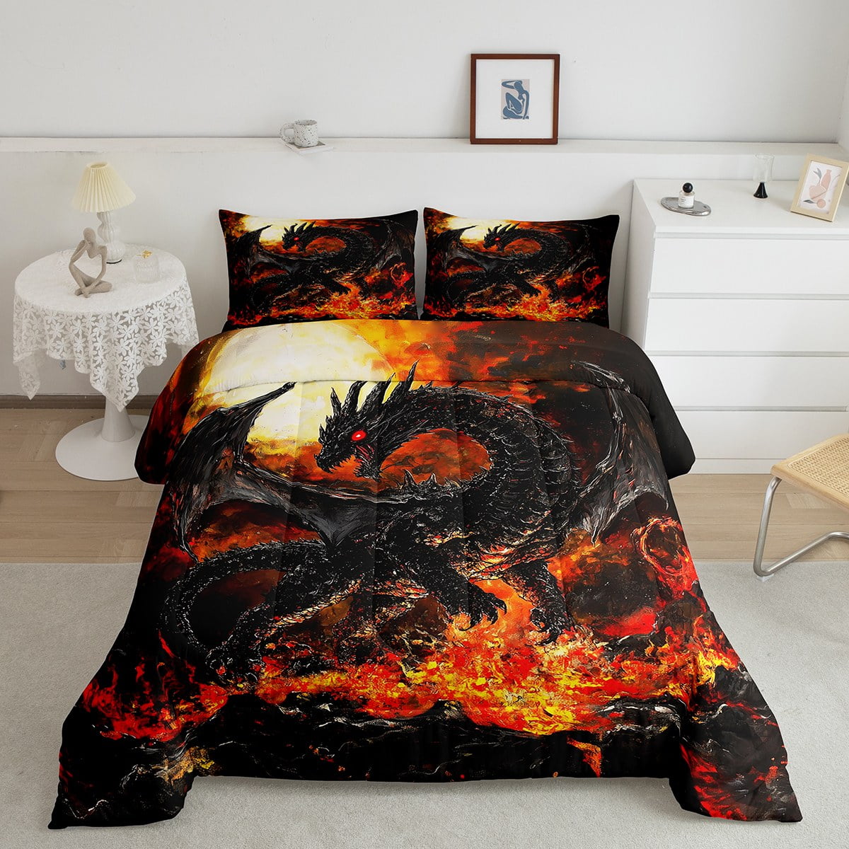 Western Dragon Comforter Set King Size,Fire Flame Gothic Animals Trippy ...
