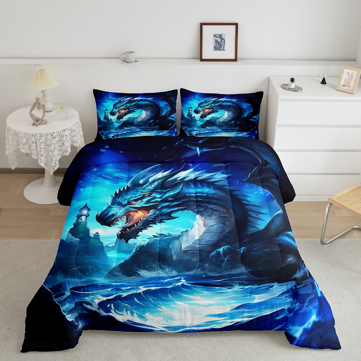 Western Dragon Comforter Set,Lighthouse Ocean Waves Sea Bedding Set,Men ...