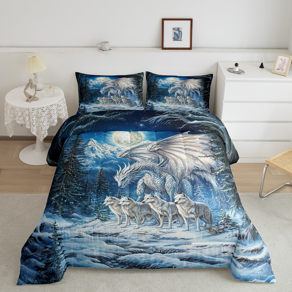Western Dragon Comforter Set Queen Size,Wolf Flying Dragon Trippy ...