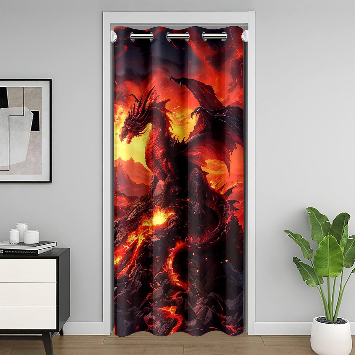 Western Dragon Doorway Curtain 1 Panel 80"x52", Volcano Eruption Lava ...