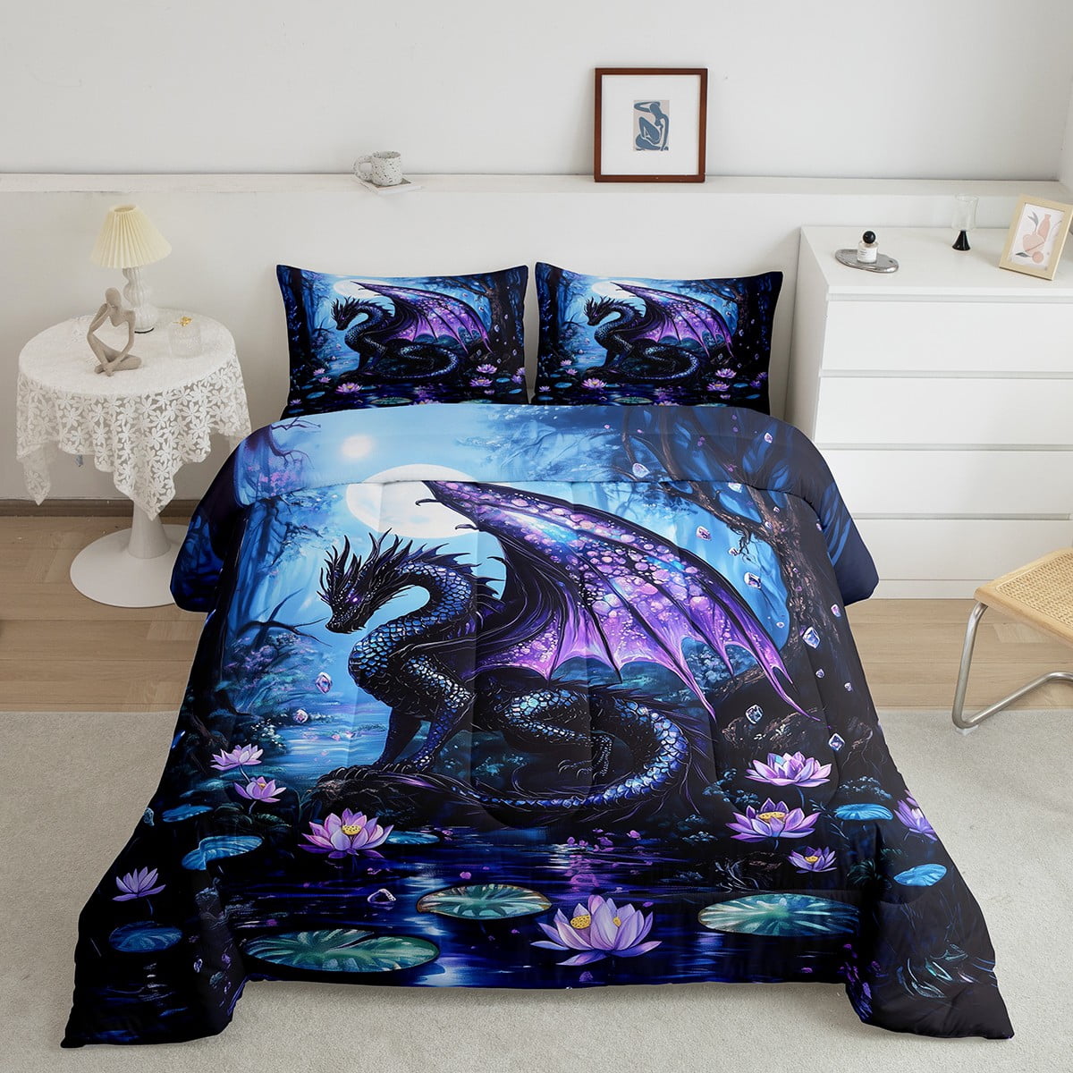 Western Dragon Comforter Set Full Size,Lotus Flowers Water Lily Plant ...