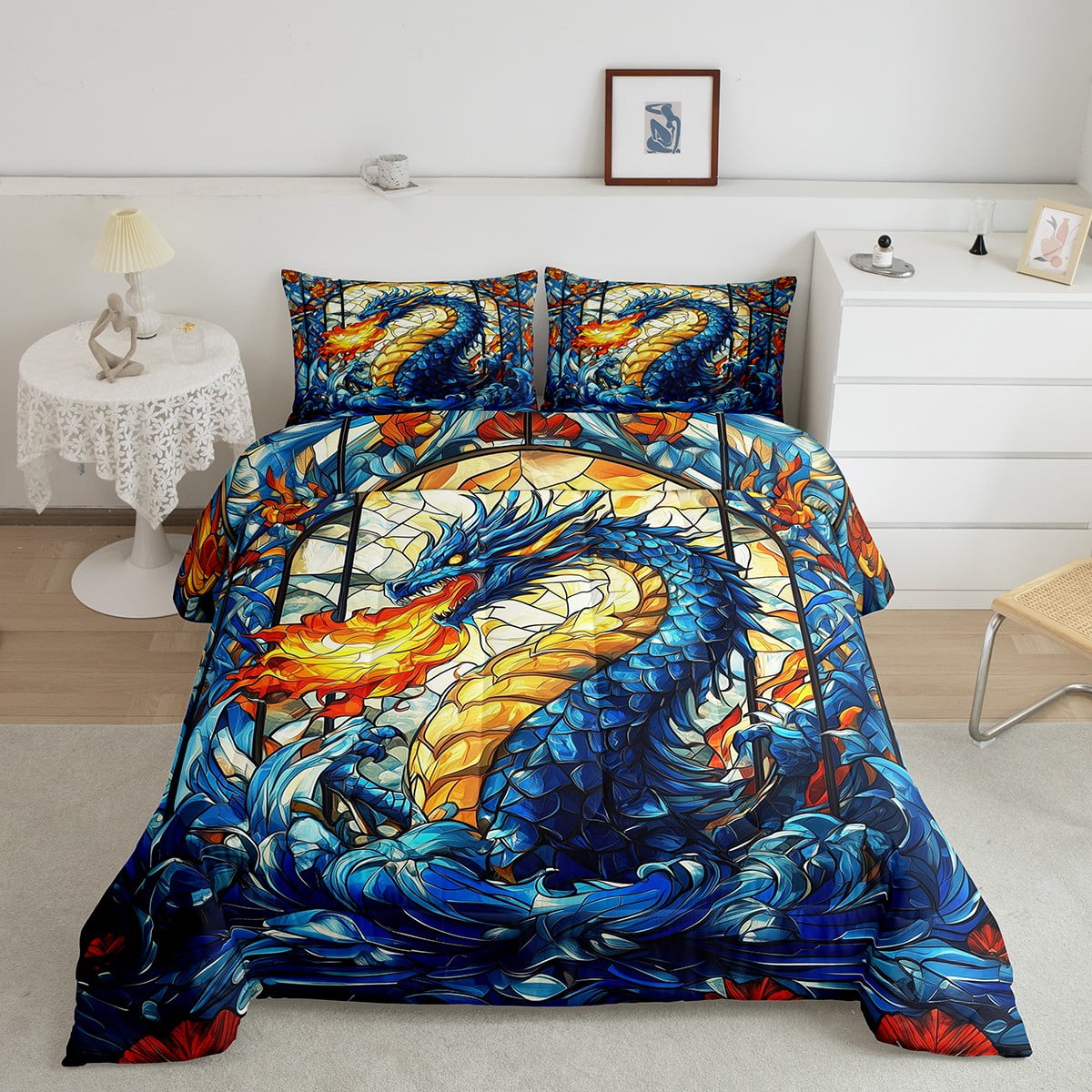 Western Dragon Comforter Set Queen Size,Flame Dragon Scale Gothic ...