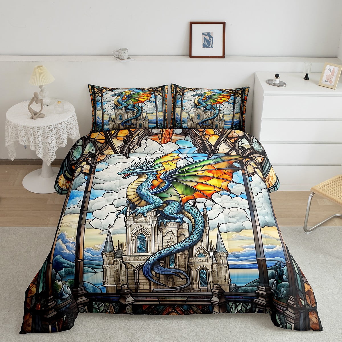 Western Dragon Comforter Set Queen Size,Tale Castle Cloud Glass Dragon ...