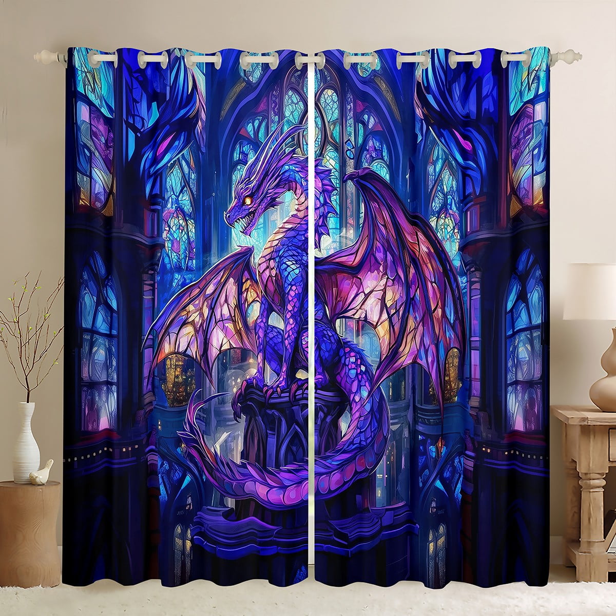 Western Dragon Window Curtains,Flying Wing Purple Dragon Window Drapes ...