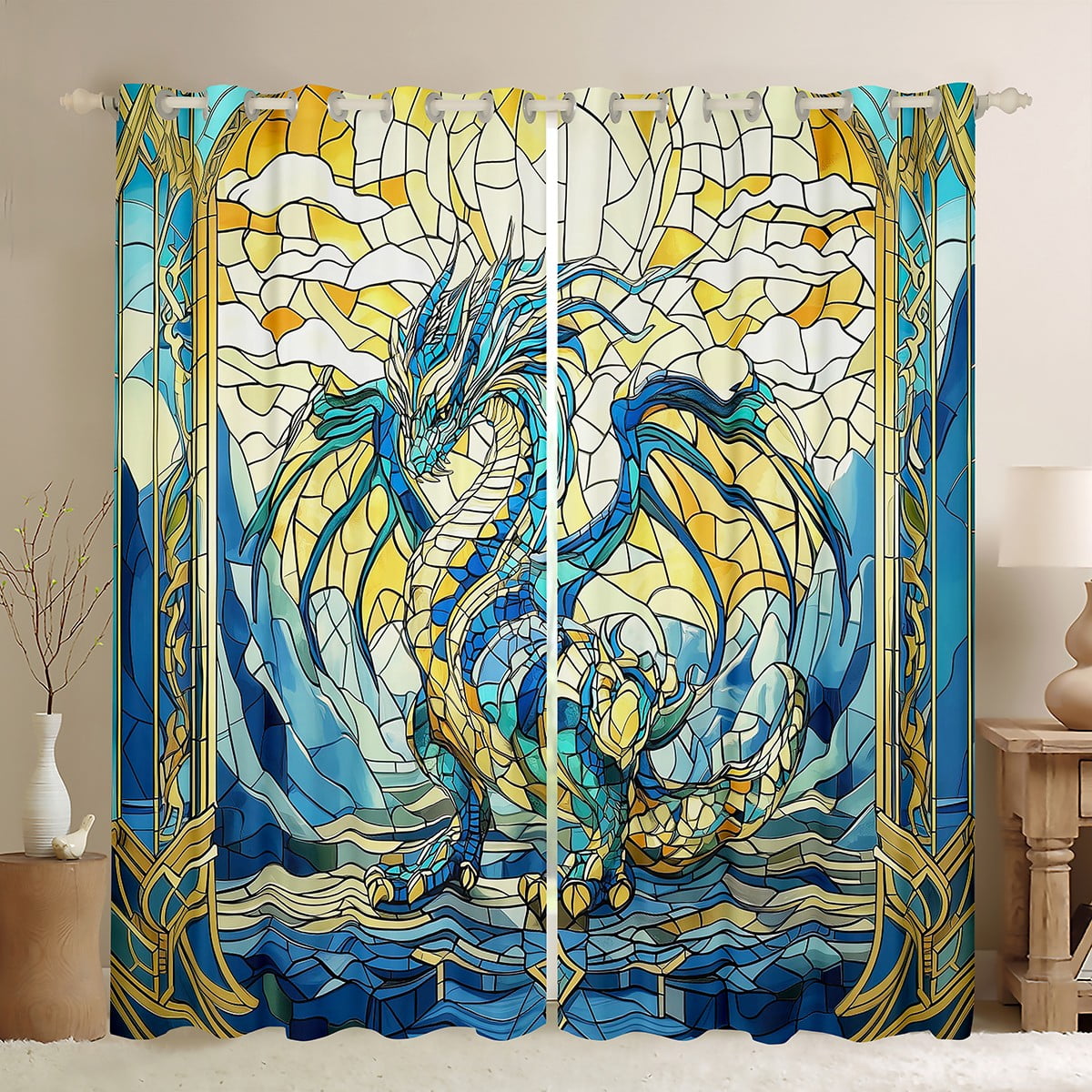 Western Dragon Window Curtains,Glass Dragon Flying Wing Trippy Window ...