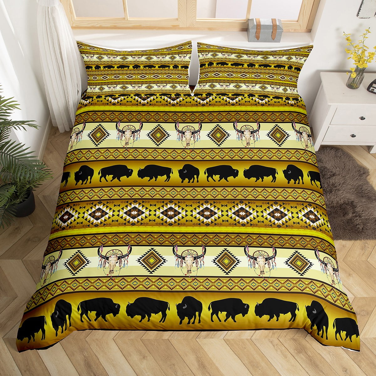 Western Duvet Cover Full,Longhorn Skull Southwestern Bedding Set Ethnic ...