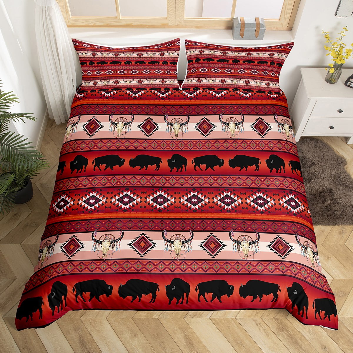 Western Duvet Cover King,Longhorn Skull Southwestern Bedding Set Ethnic ...