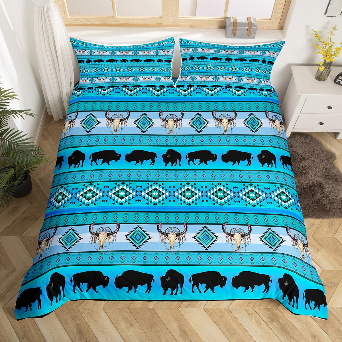 Western Duvet Cover King,Longhorn Skull Southwestern Bedding Set Ethnic Tribe Aztec Comforter ...
