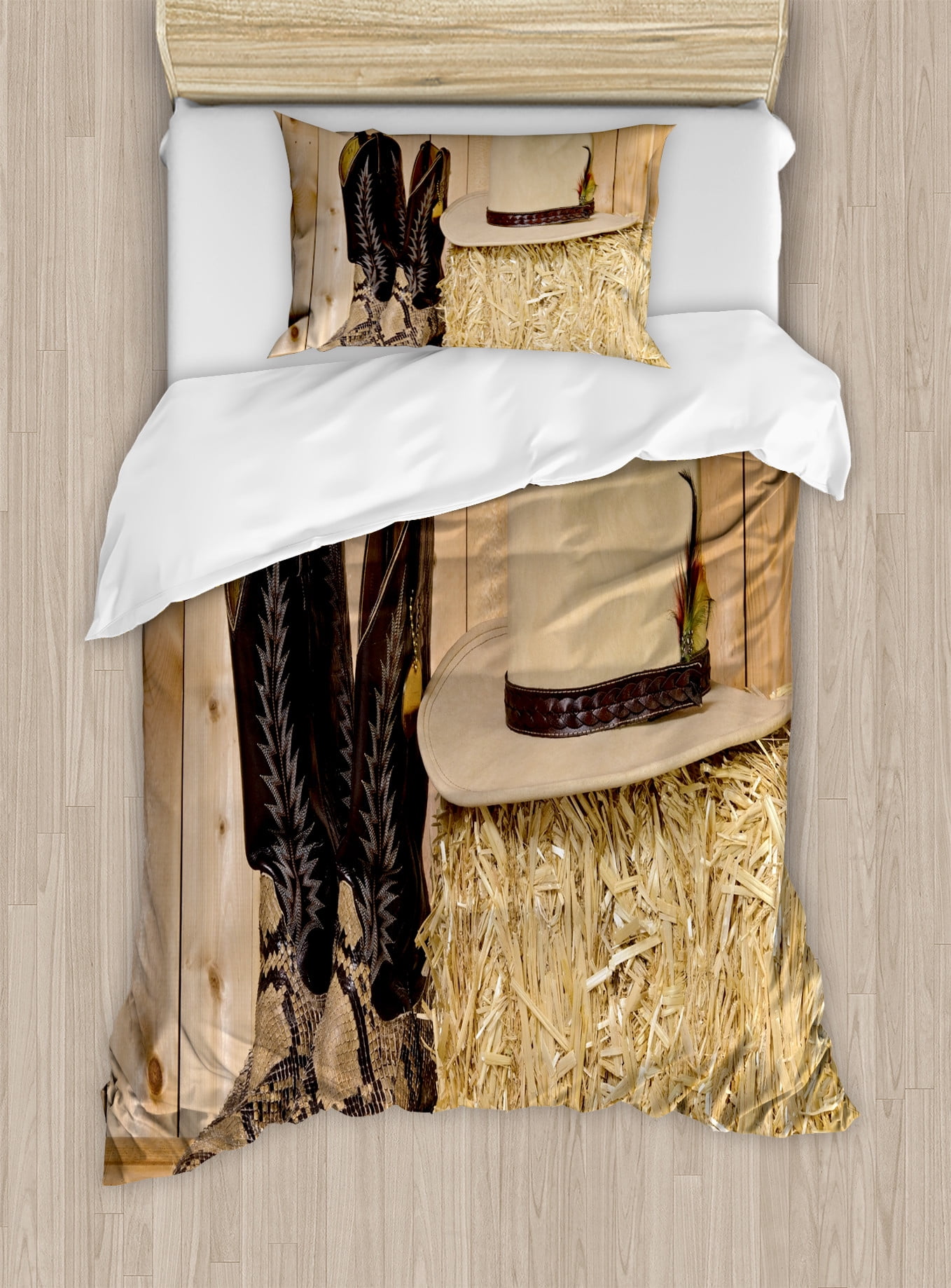 Western Duvet Cover Set, Arizona Texas Style Cowboy Boots Hat on Wood ...