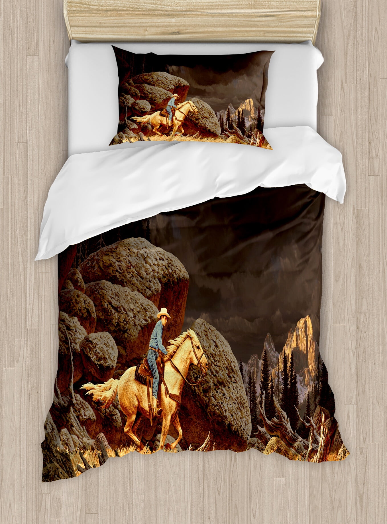 Western Duvet Cover Set, Rock Mountain Landscape Cowboy Riding Horse ...