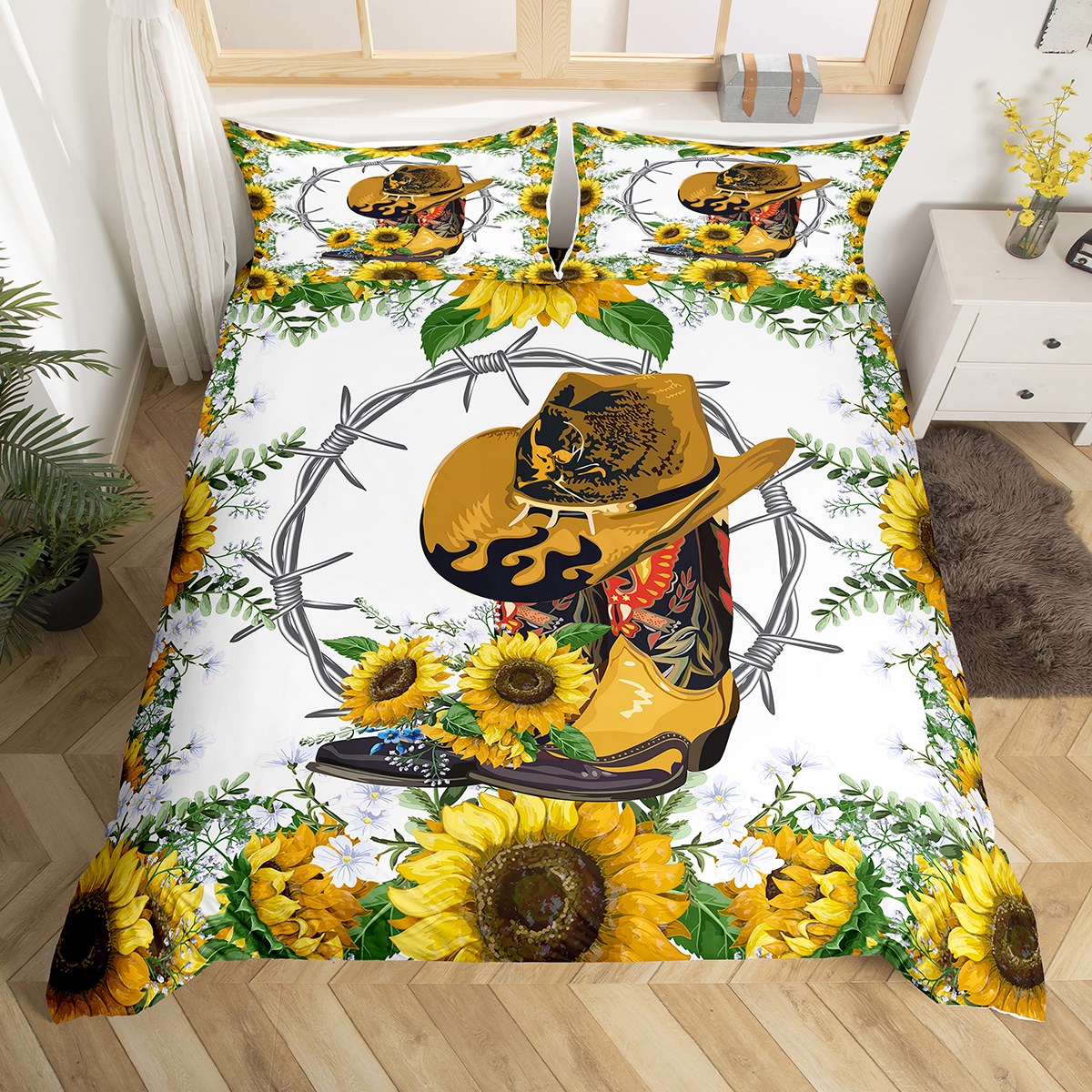 Western Duvet Cover Sunflower Bedding Set Cowboy Boots for Women,Yellow ...
