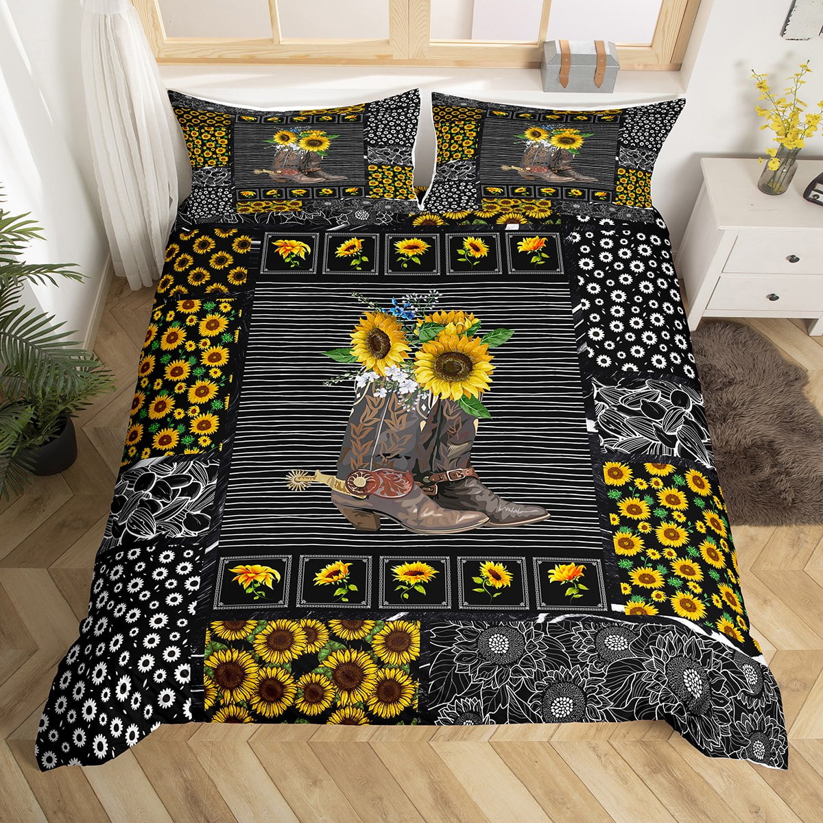 Western Duvet Cover Sunflower Bedding Set Cowboy Boots for Women,Yellow ...