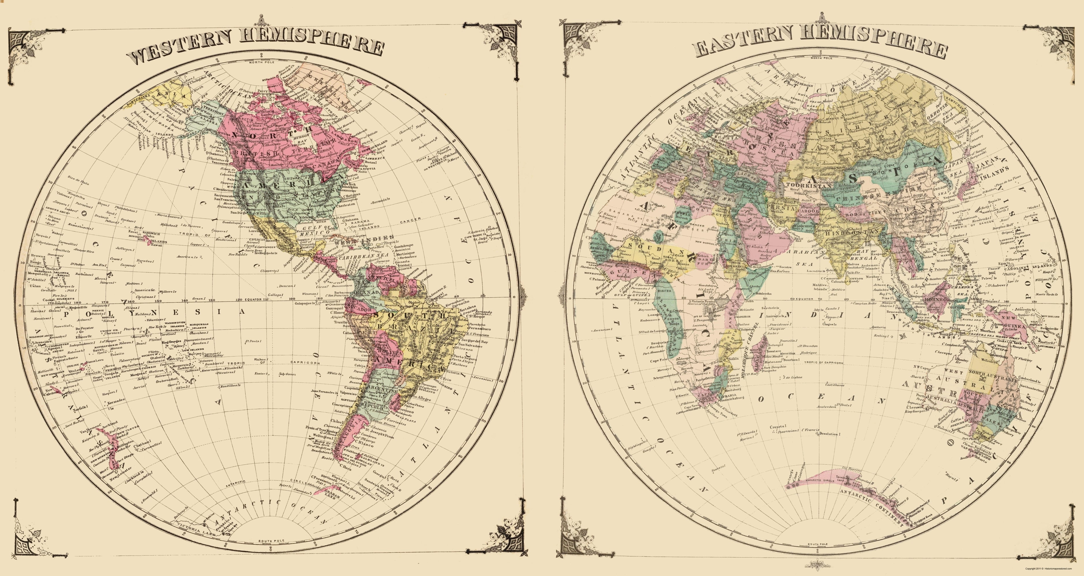 Historic Map - Western Eastern Hemispheres - Andreas 1874 - 23 x 43.25 ...