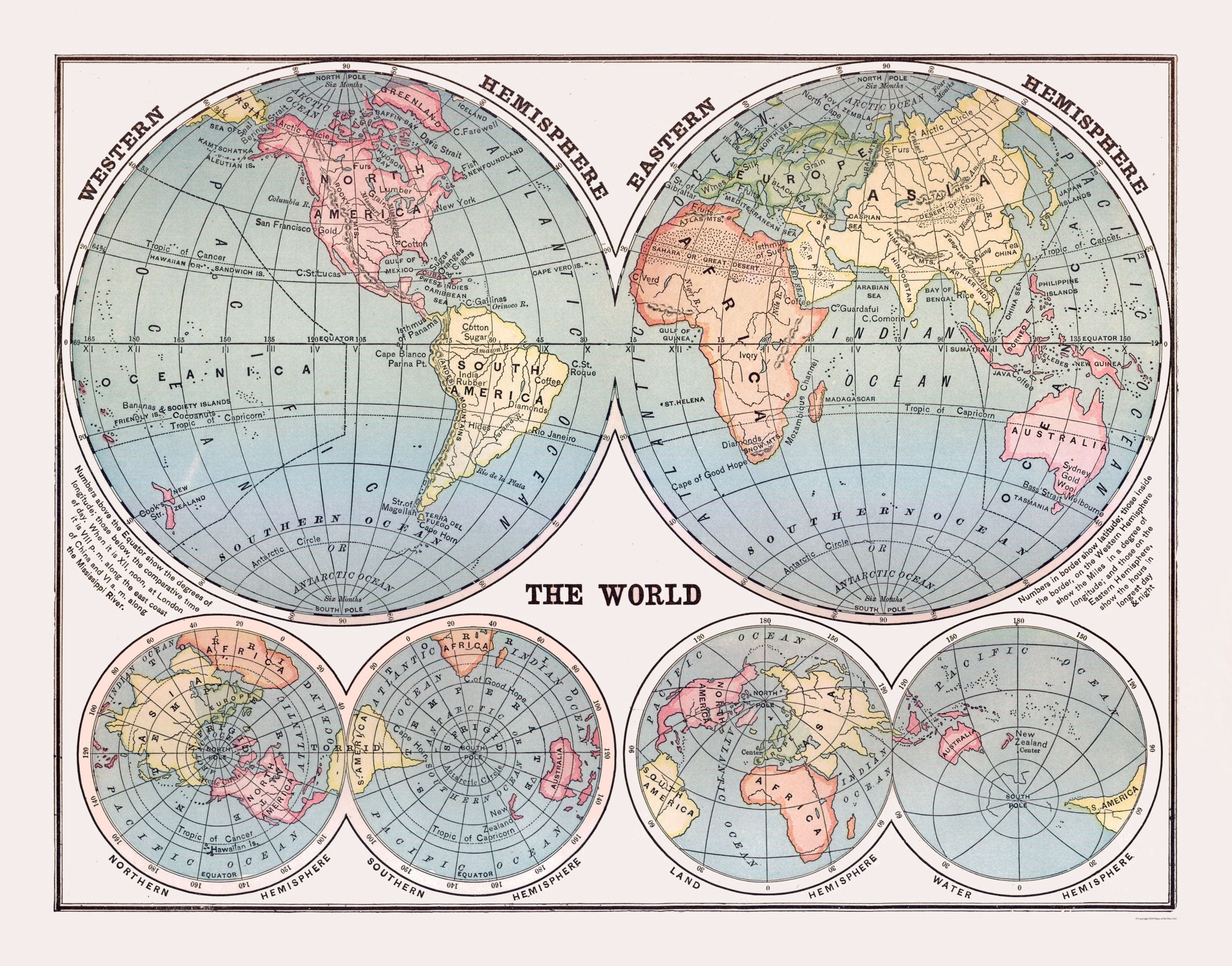 Historic Map - Western Eastern Hemispheres - Monteith 1882 - 29.34 x 23 ...
