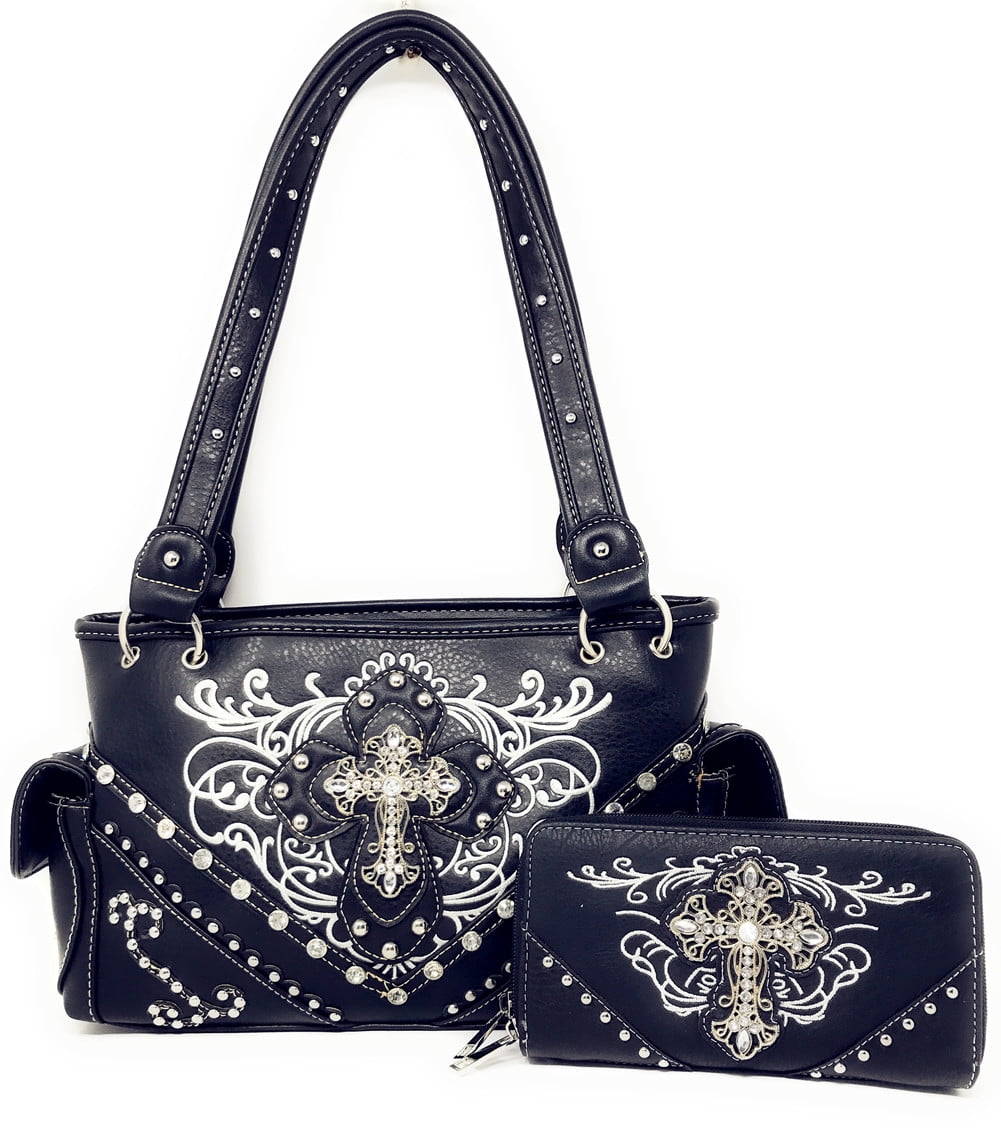 Western Embroidered Cross Women's Purse/Wallet Matching Handbags Combo ...