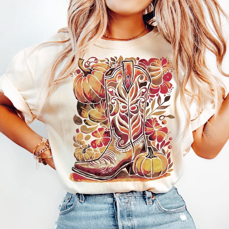 Western Fall Cowboy Boot Shirt, Boho Cowgirl Autumn Tee, Floral Pumpkin ...