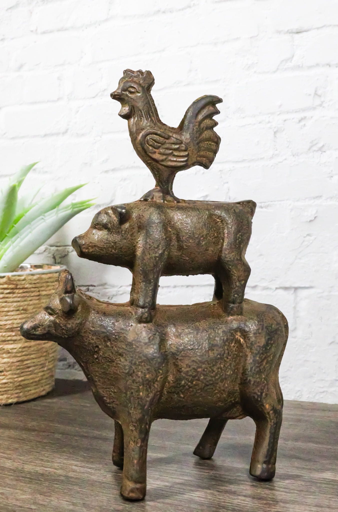 Western Farmhouse Cast Iron Rustic Rooster Pig And Cow Stacked ...