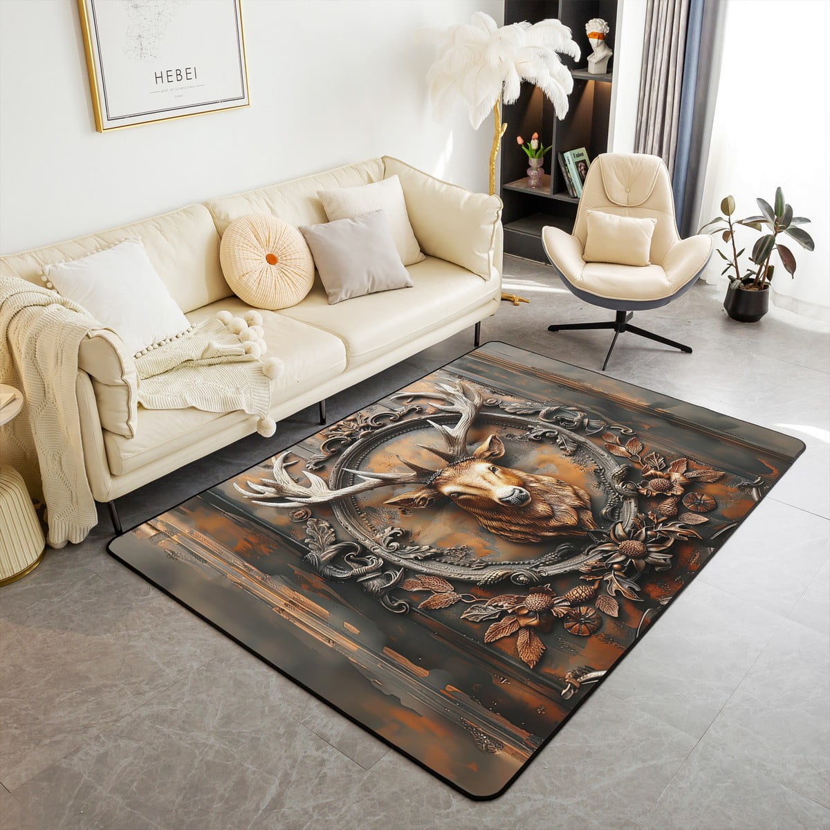 Western Farmhouse Deer Animal Area Rug 5x7,Vintage Mirror Flower Floral ...