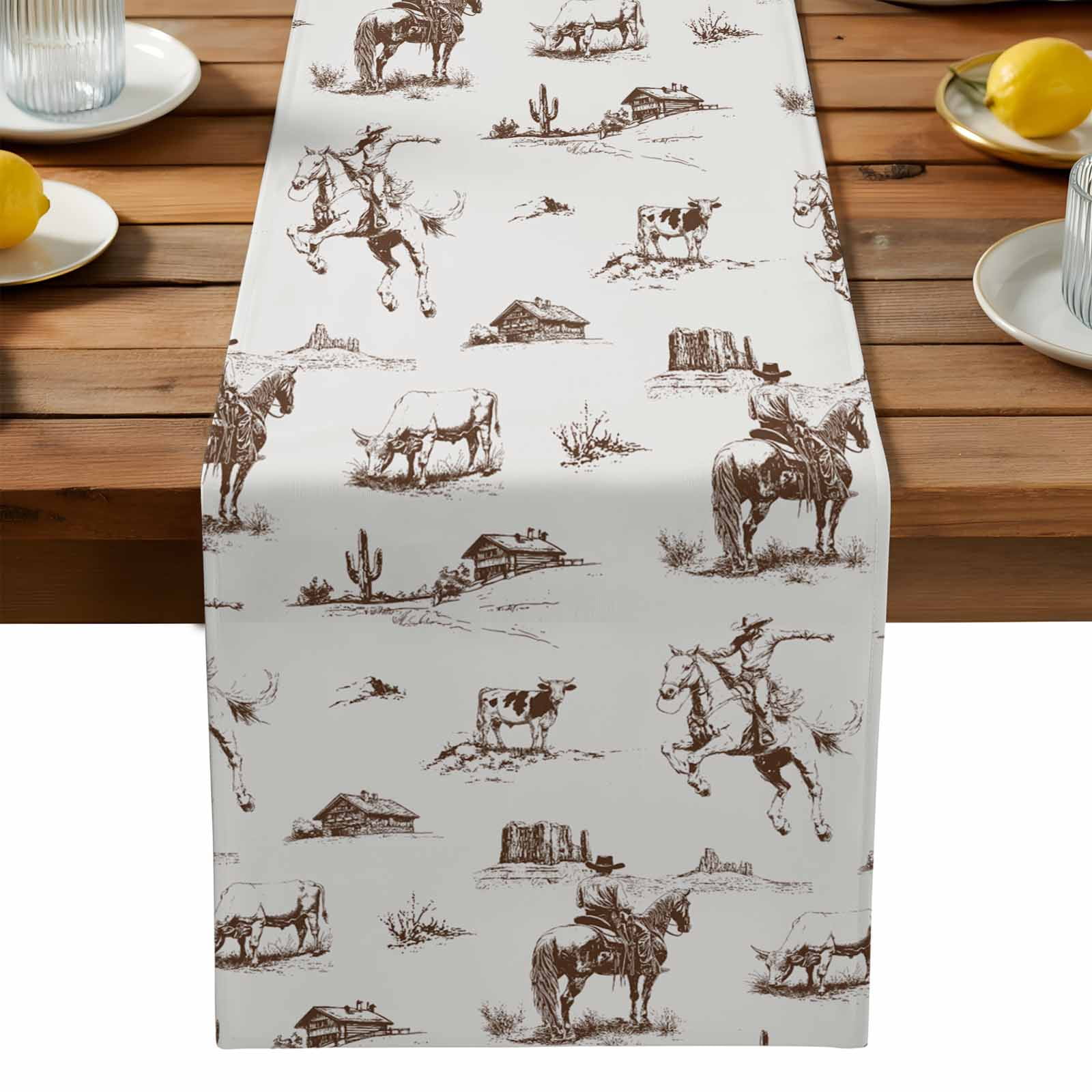 Western Farmhouse Table Runner, Cowboy Horse Desert Cotton Linen ...