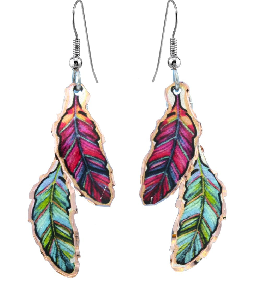 Western Feather Earrings, Artisan Copper Two-Tiered Multi-color Feather Art Jewelry, Artist ...