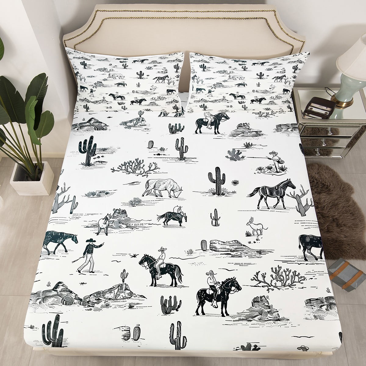 Western Fitted Sheet Black and White Sketch Bed Sheets Queen,Tropical ...
