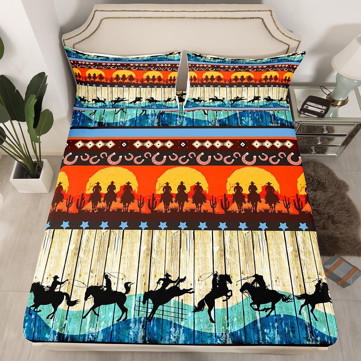 Western Fitted Sheet Vintage Sunset Bed Sheets Full,Cowboys Gifts for ...