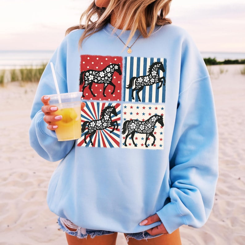 Western Floral Horse Sweatshirt, Vintage Patriotic 4th of July Pullover ...