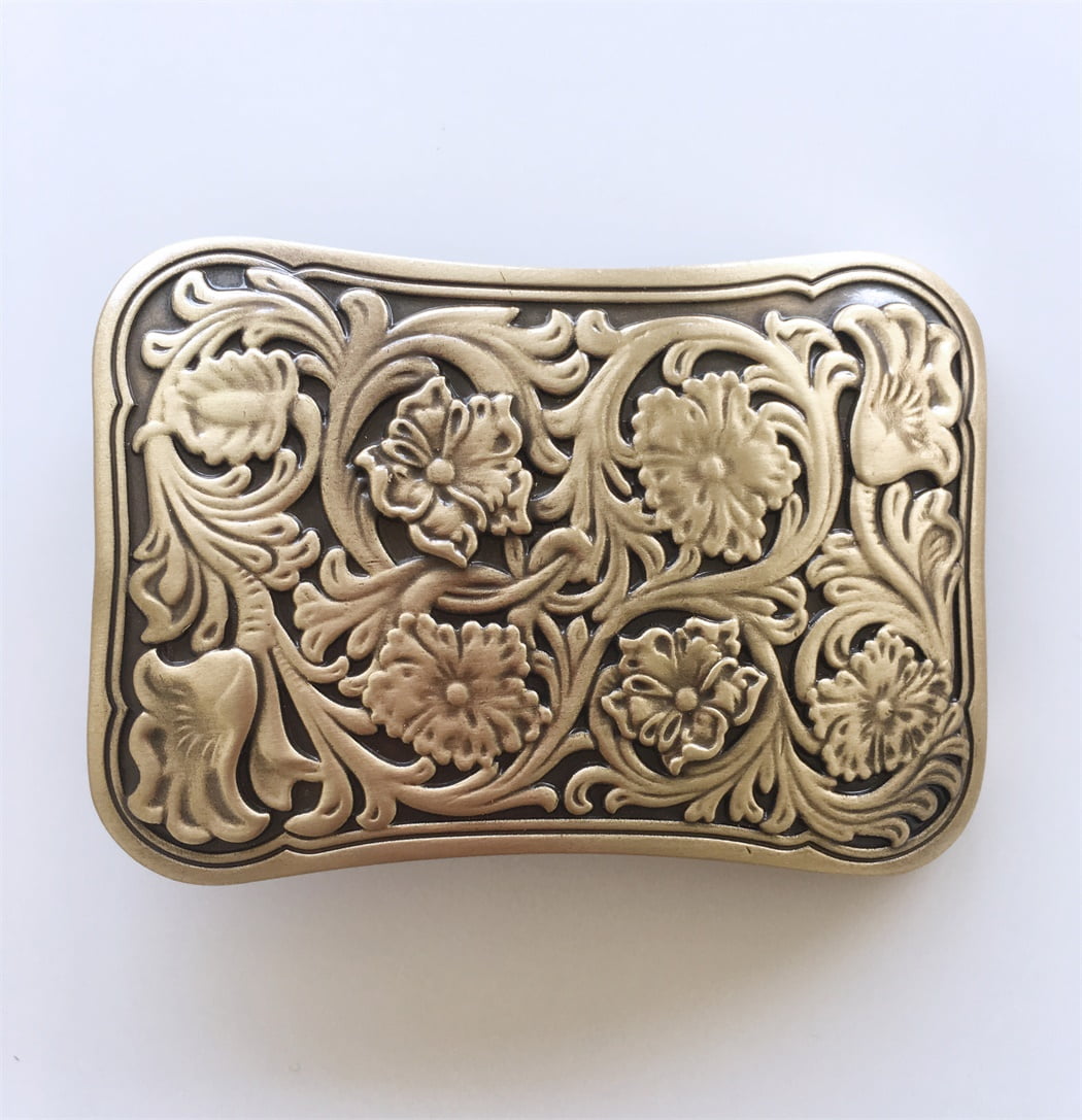 Western Flower Southwest Rectangle Solid Brass Belt Buckle - Walmart.com