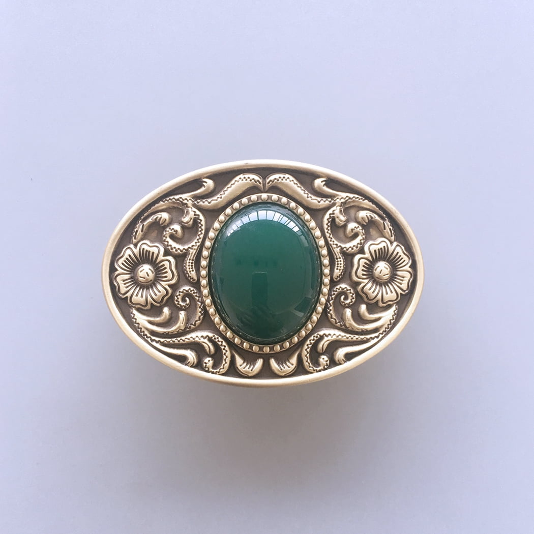 Western Flower Stone Oval Solid Brass Belt Buckle - Walmart.com