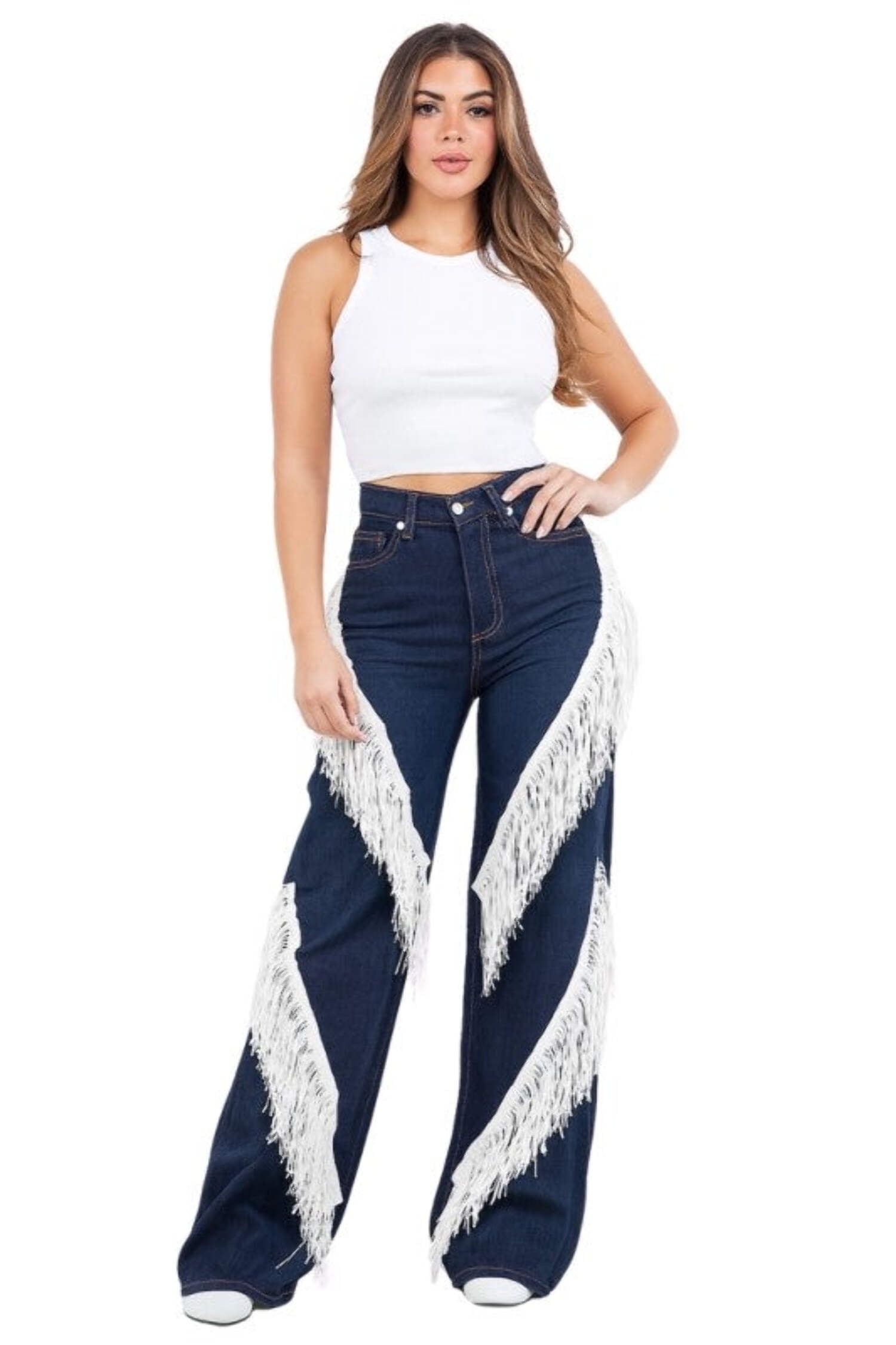 Western Fringe Wide Leg Jean- White Fringe - Walmart.com