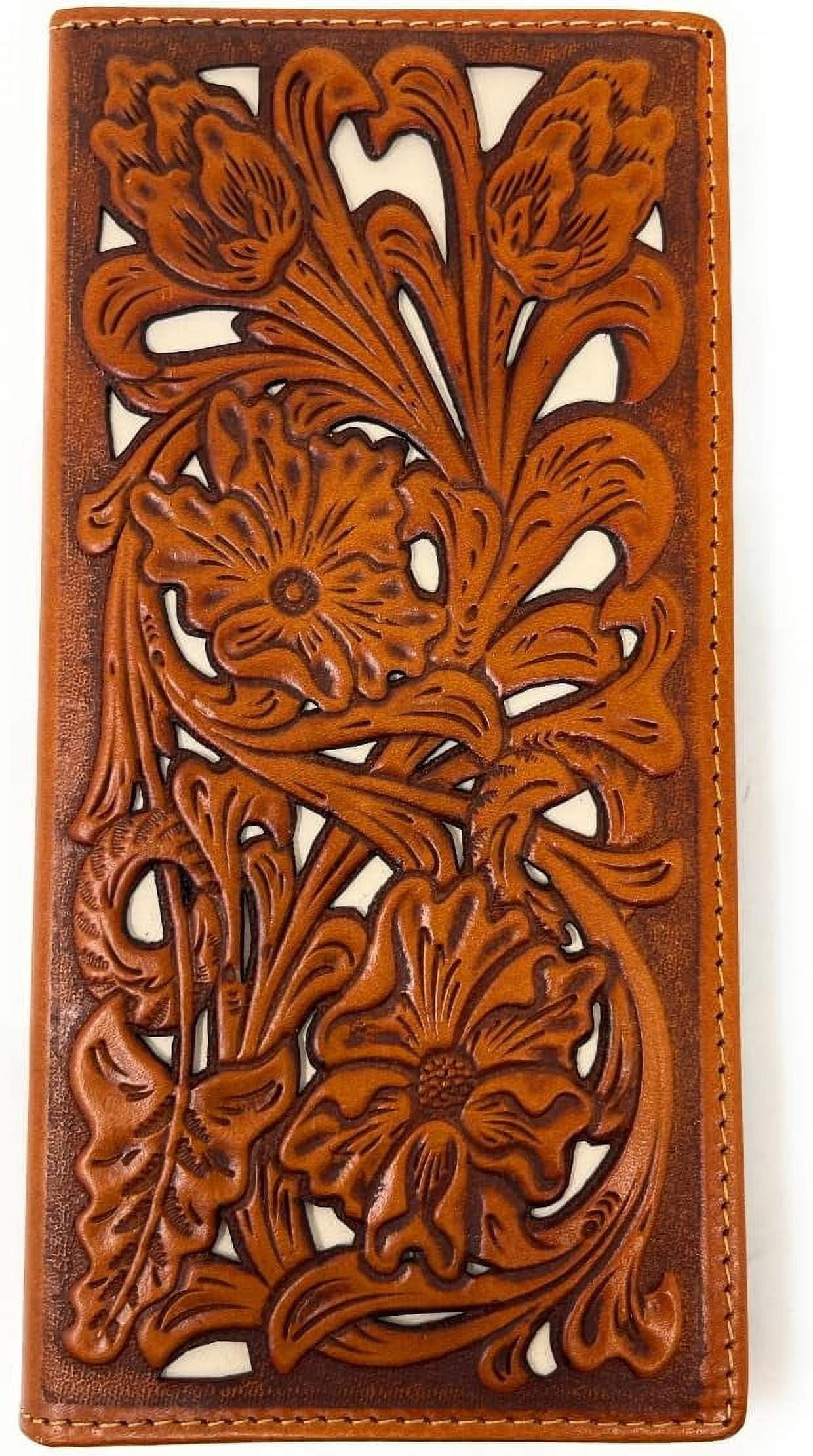 Western Genuine Leather Floral Tooled Laser Cut Mens Long Bifold Wallet ...