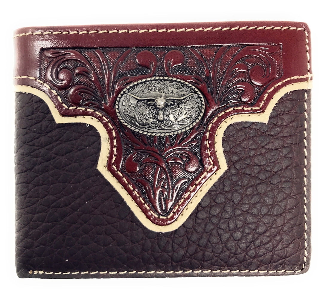 Western Genuine Leather Floral Tooled Longhorn Concho Mens Short Bifold ...