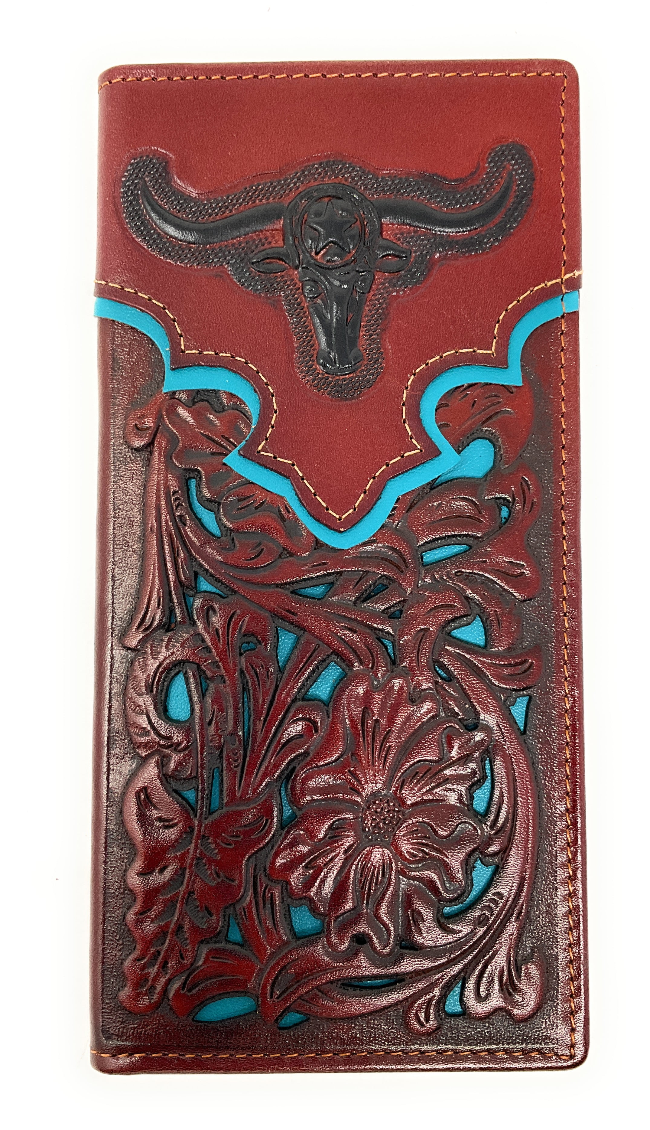 Western Genuine Leather Longhorn Tooled Laser Cut Men's Long Bifold ...