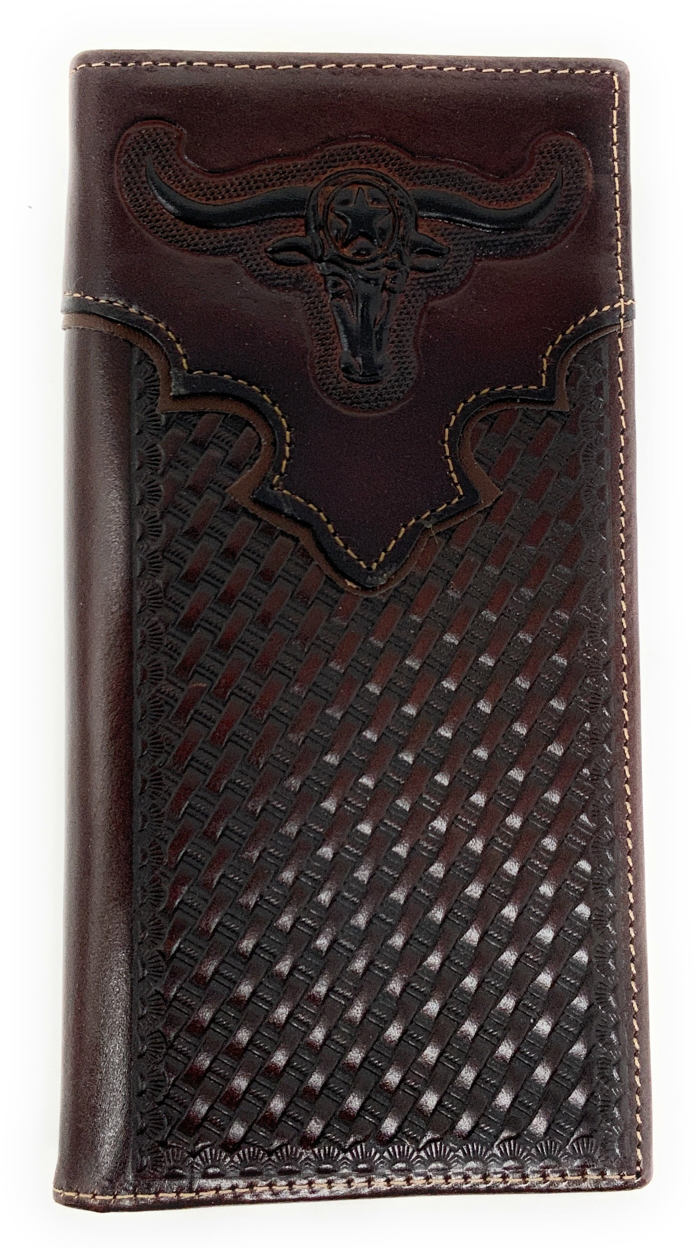 Western Genuine Leather Longhorn Tooled Laser Cut Men's Long Bifold ...