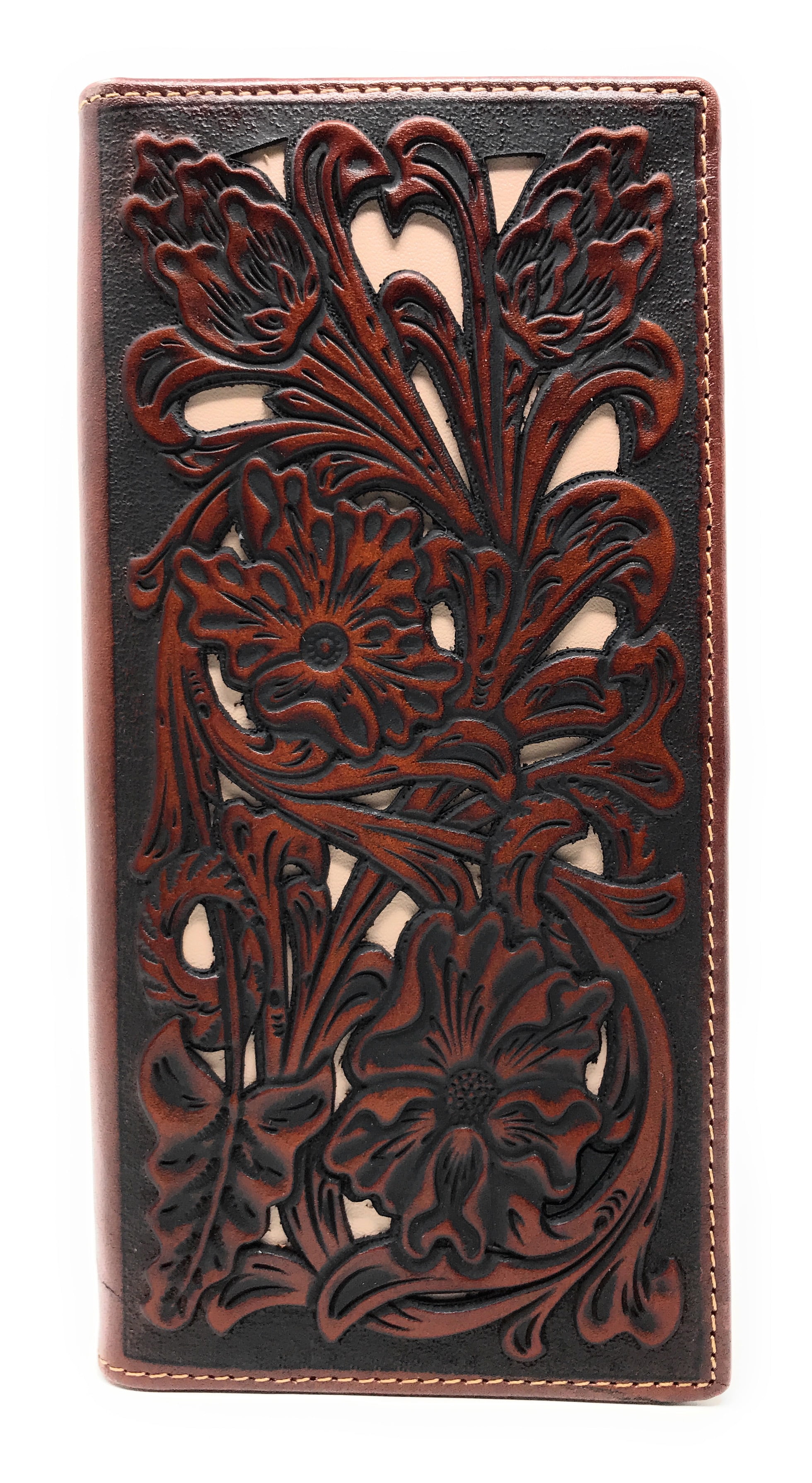 Western Genuine Leather Tooled Laser Cut Men's Long Bifold Wallet in 3 ...