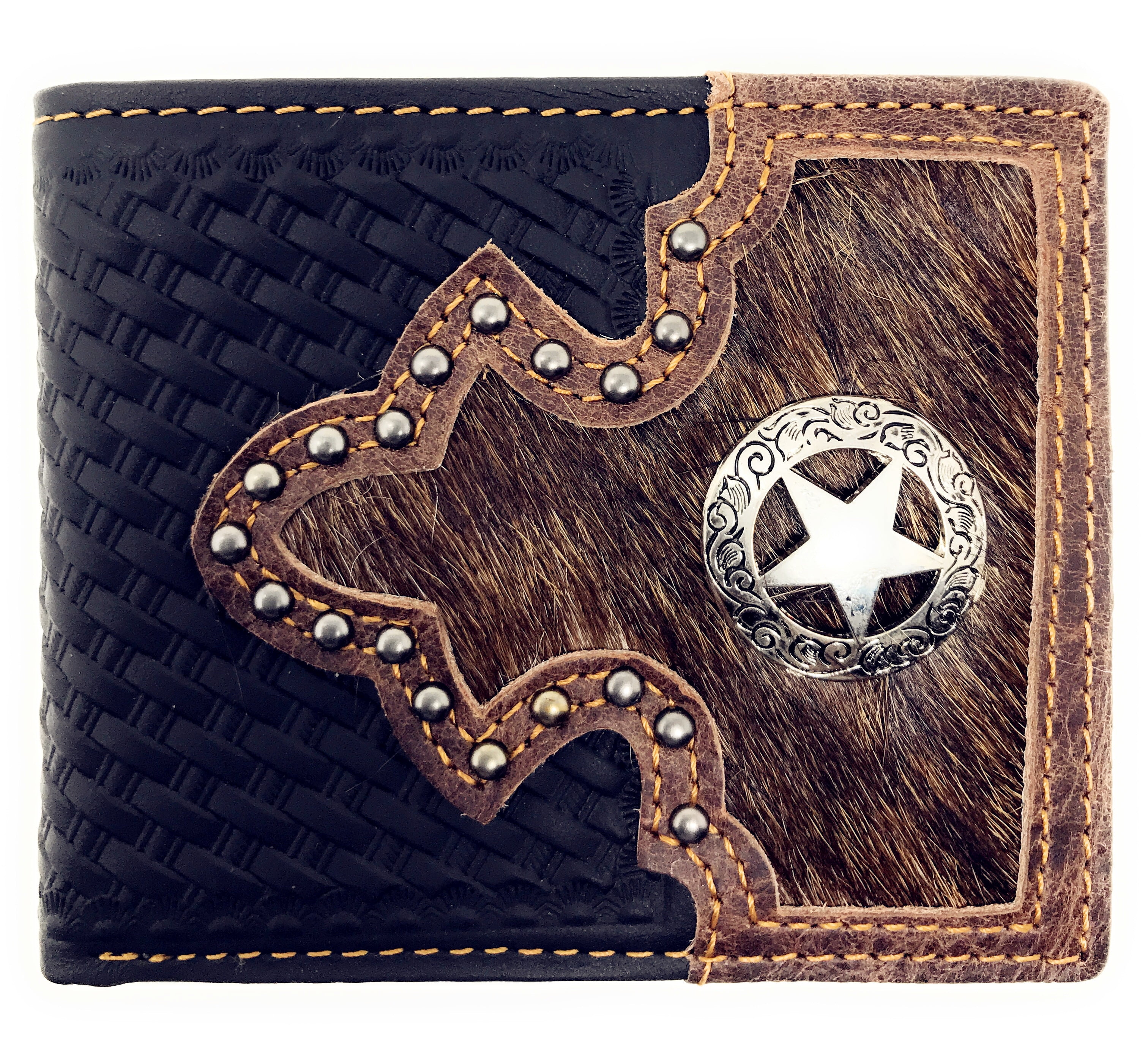 Western Genuine Tooled Leather Cowhide Cow Fur Mens Bifold Short Wallet ...