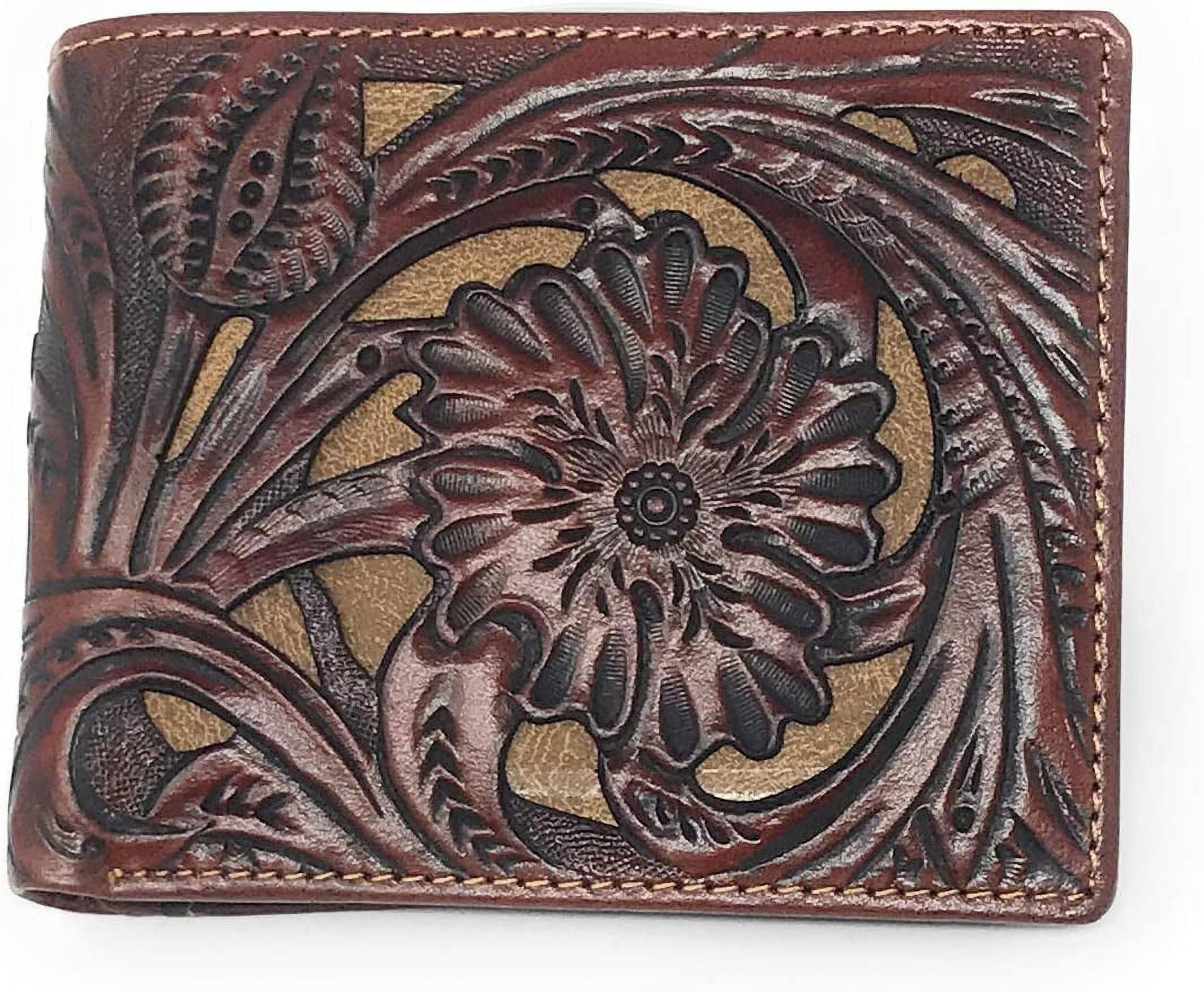 Western Genuine Tooled Leather Laser Cut Men's Bifold Short Wallet in 8 ...