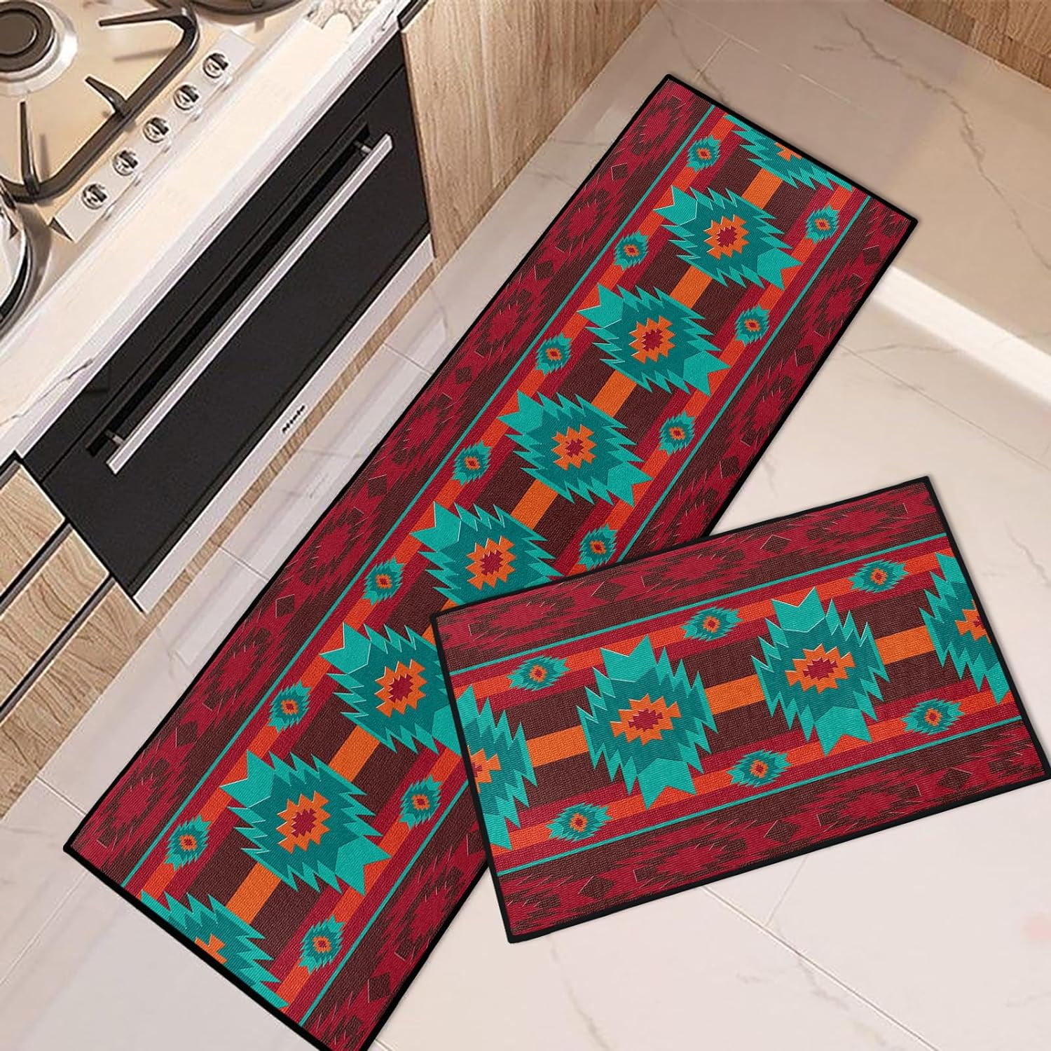Western Geometric Home Kitchen Rugs and Mats Non Skid Washable Set of 2 ...