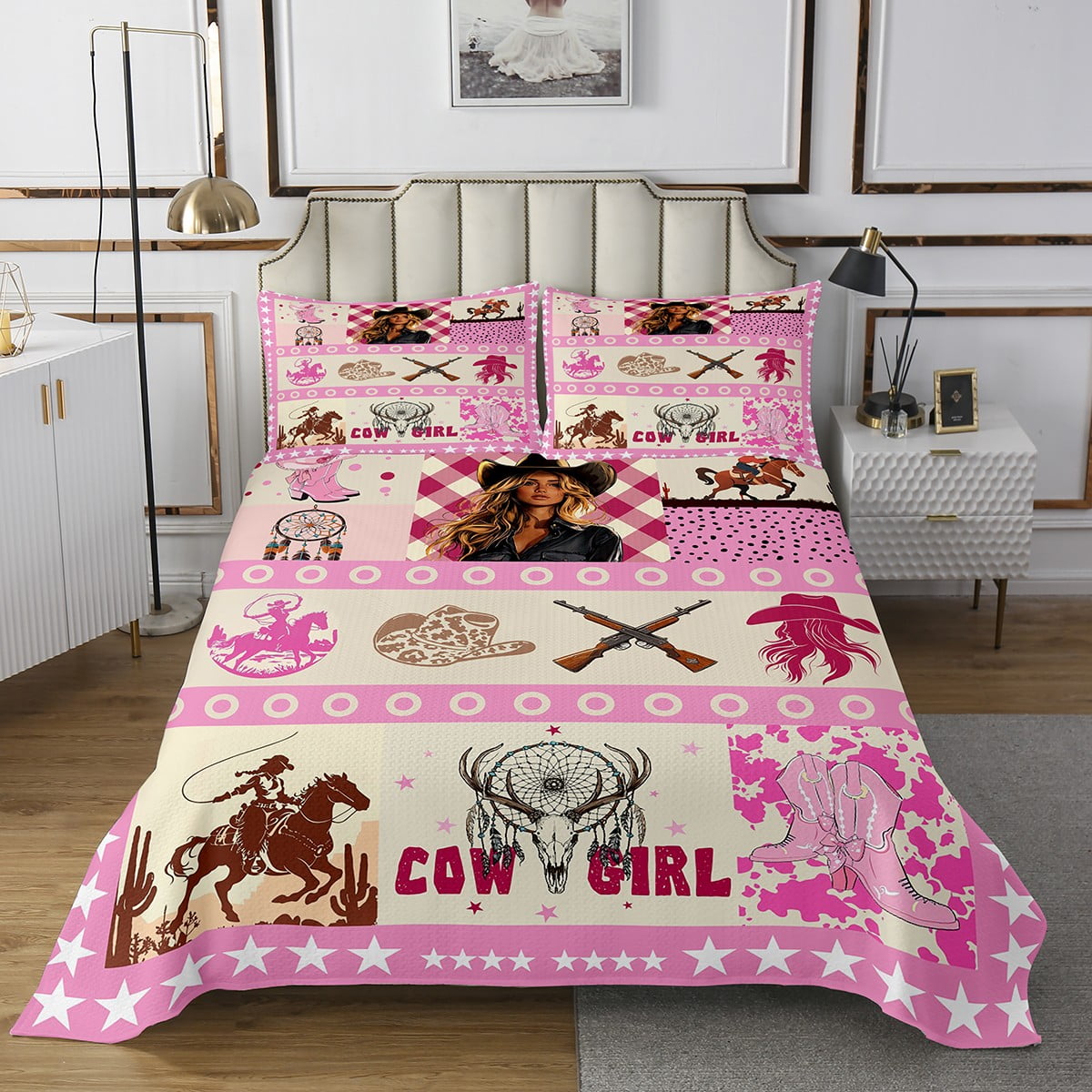 Western Bedspread Set Disco Boots Hat Cap Quilt Set Twin,Texas Star ...