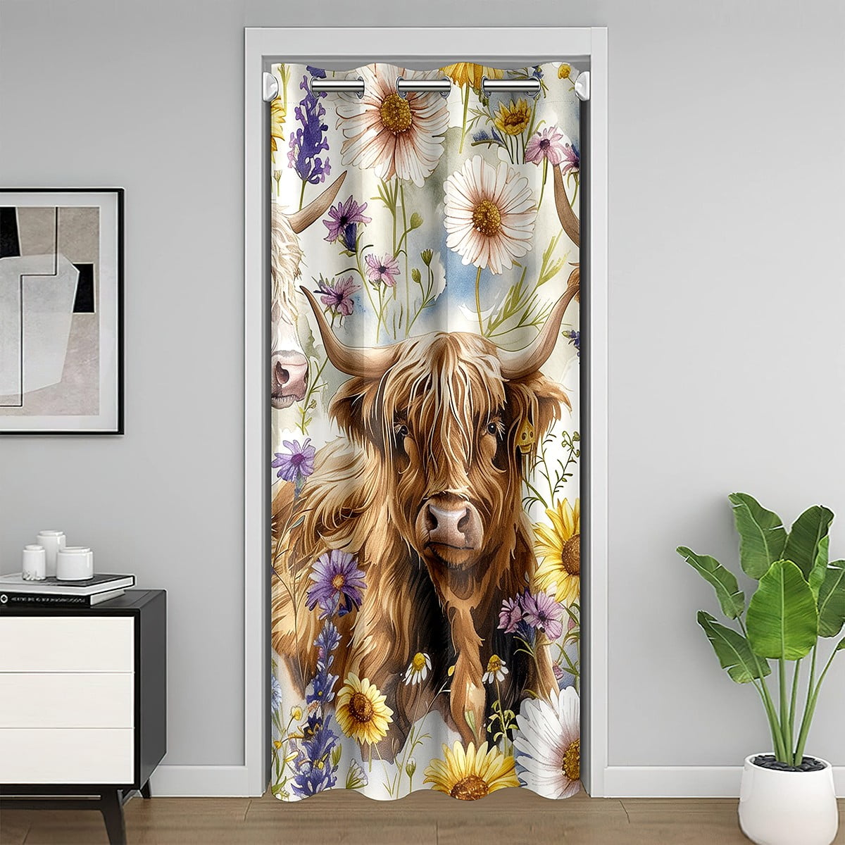 Western Highland Cattle Door Curtain Adults,Watercolor Flowers Wild ...