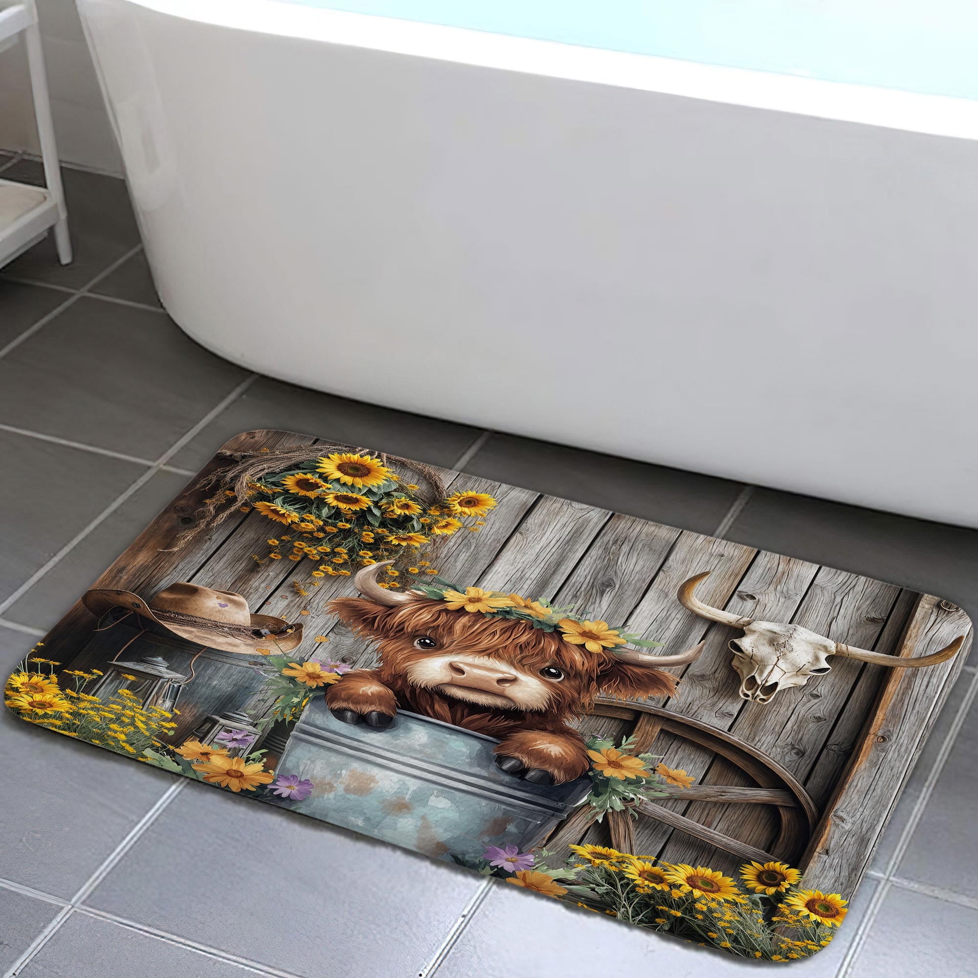 Western Highland Cow Bath Mat, Farmhouse Cute Cowboy Barn Door ...