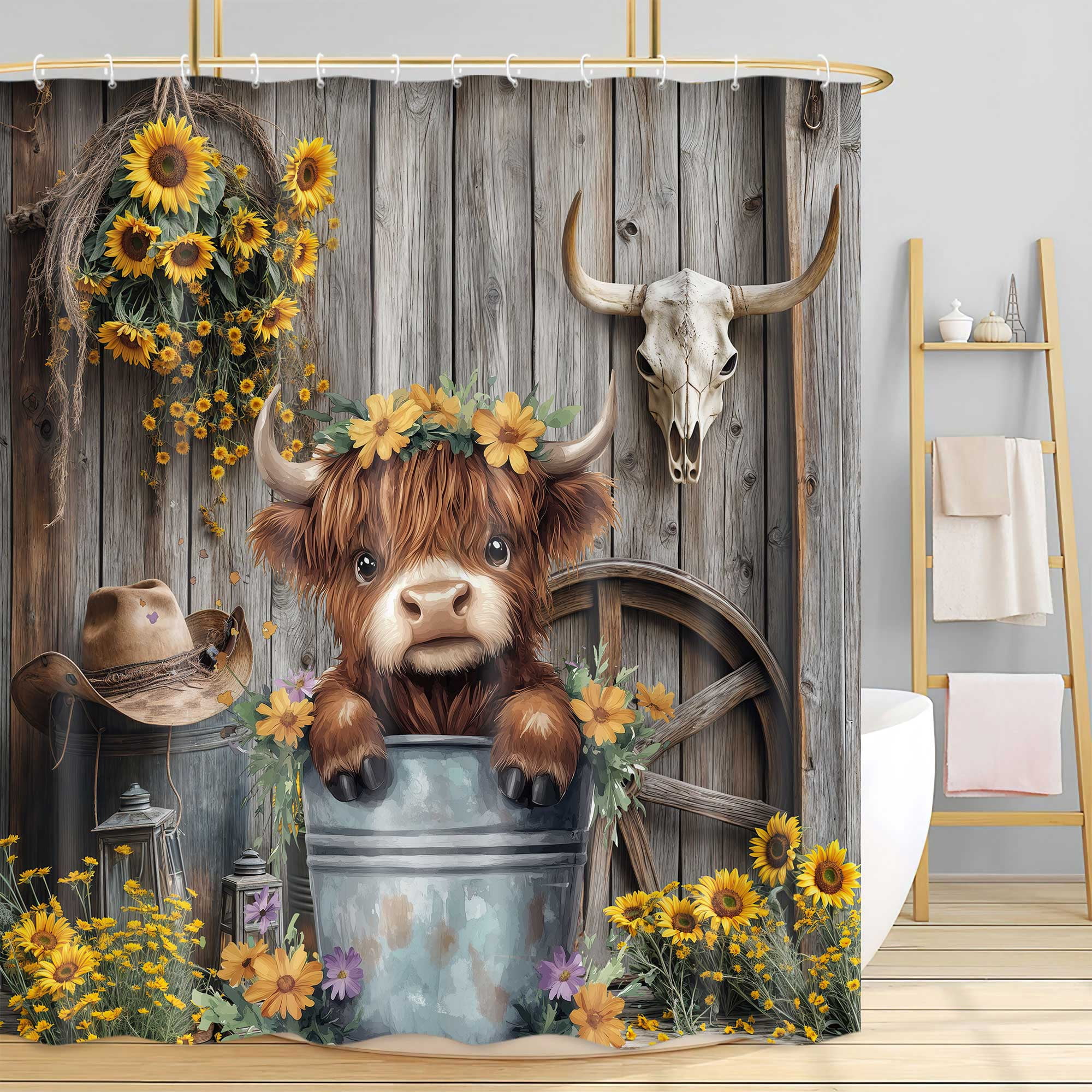 Western Highland Cow Shower Curtain, Farmhouse Cute Cowboy Barn Door ...