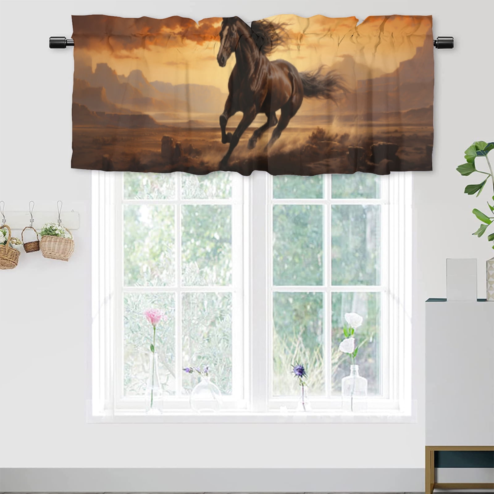 Western Horse Curtain Valances Wild Animal Sunset Running Horse Desert ...