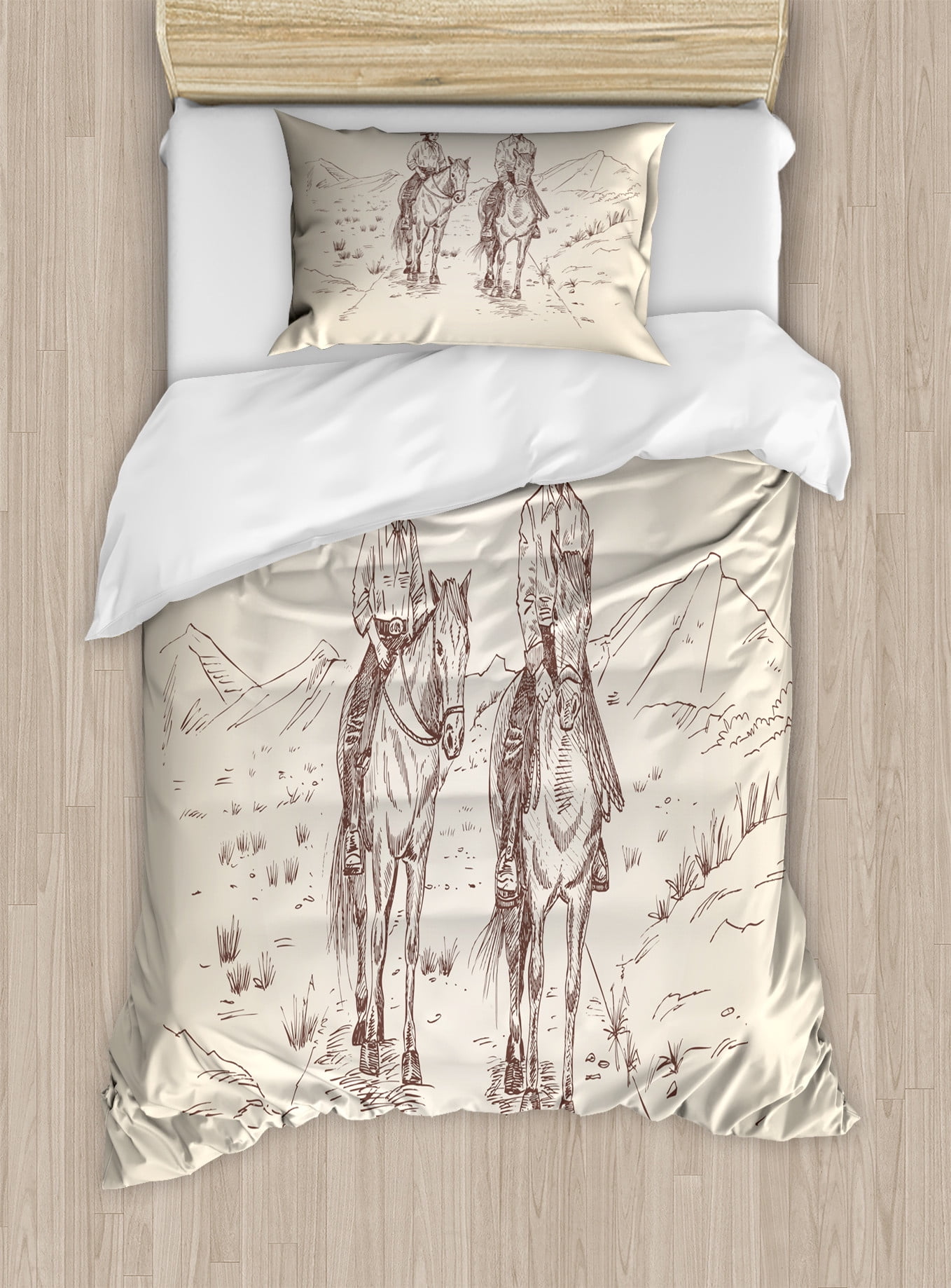 Western Horse Duvet Cover Set, Hand Drawn Cowboys on Horseback Riding ...