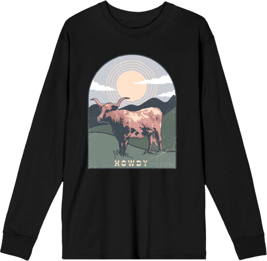 Western Howdy Cow Crew Neck Long Sleeve Adult Tee -XXL-Black - Walmart.com