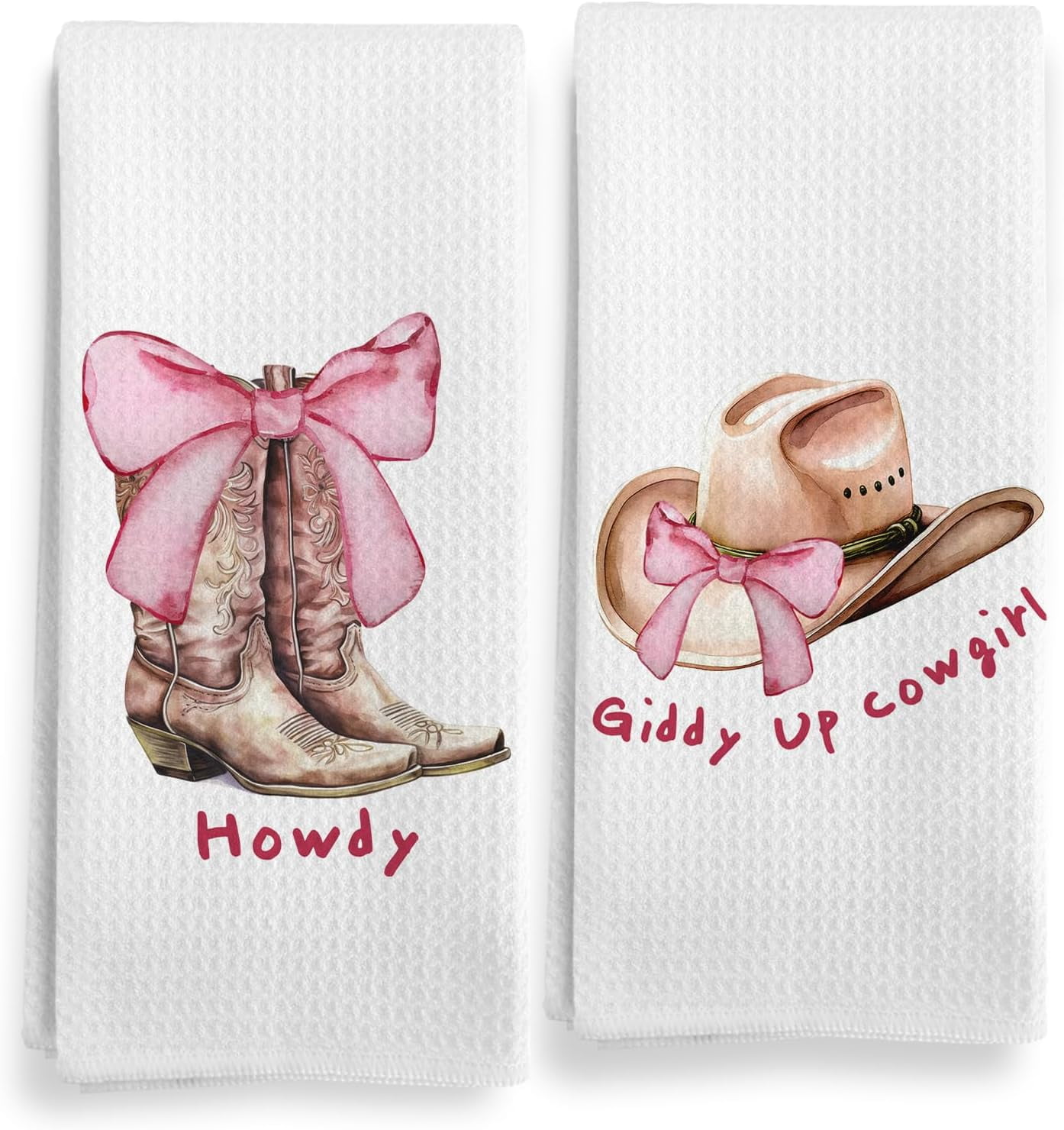 Western Howdy Yeehaw Kitchen Towels, Boots Hat Pink Bow Kitchen Towels ...