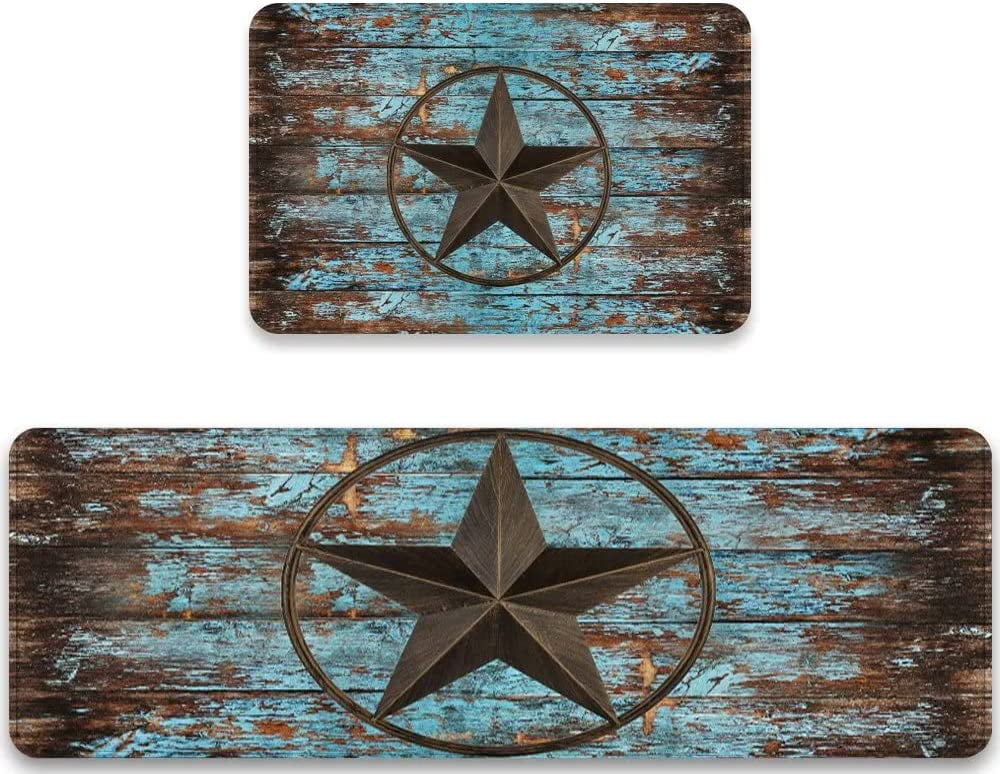 Western Kitchen Mat Set of 2 Rustic Country Texas Star on Teal Brown ...