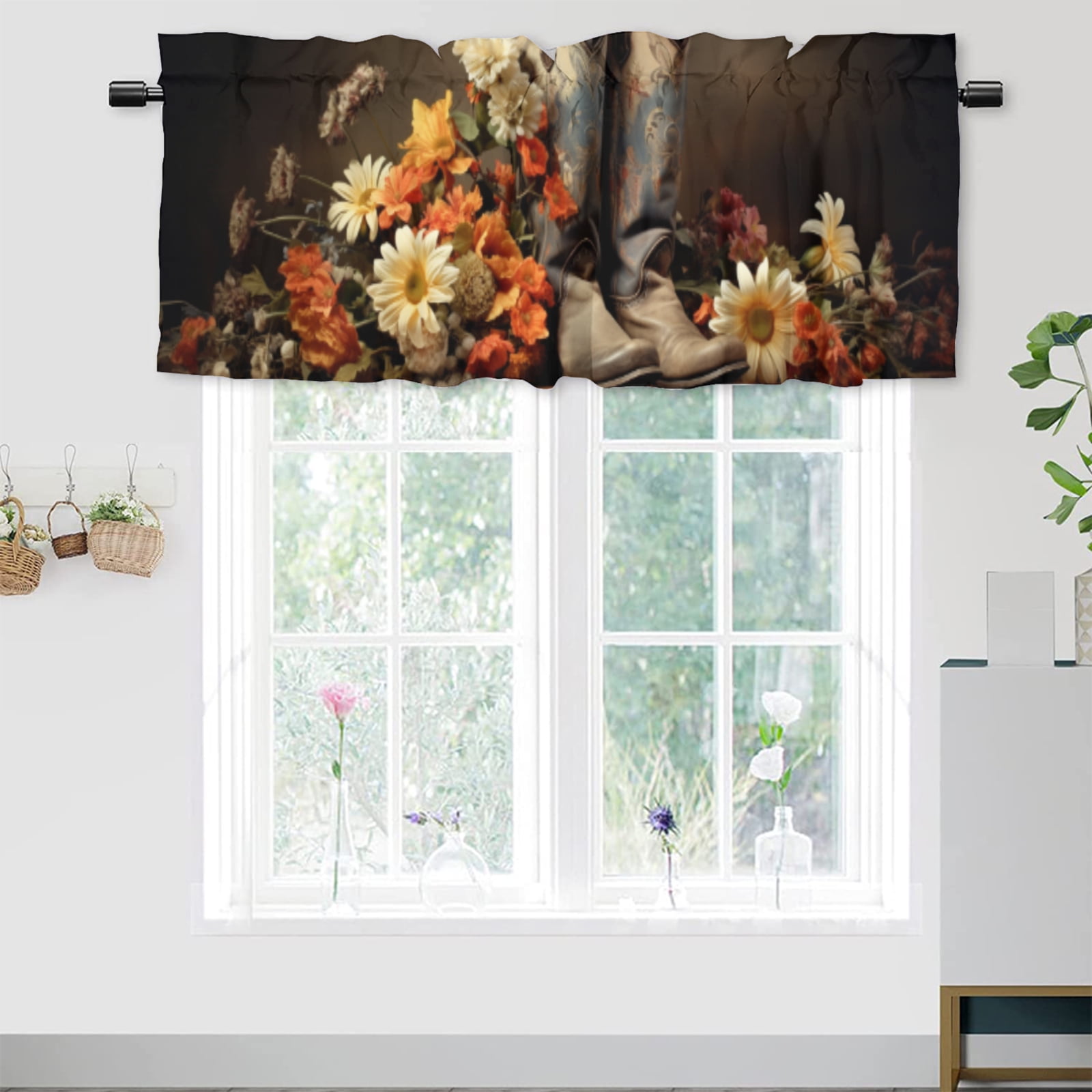 Western Kitchen Window Curtain Valance Watercolor Flower Rustic Country ...